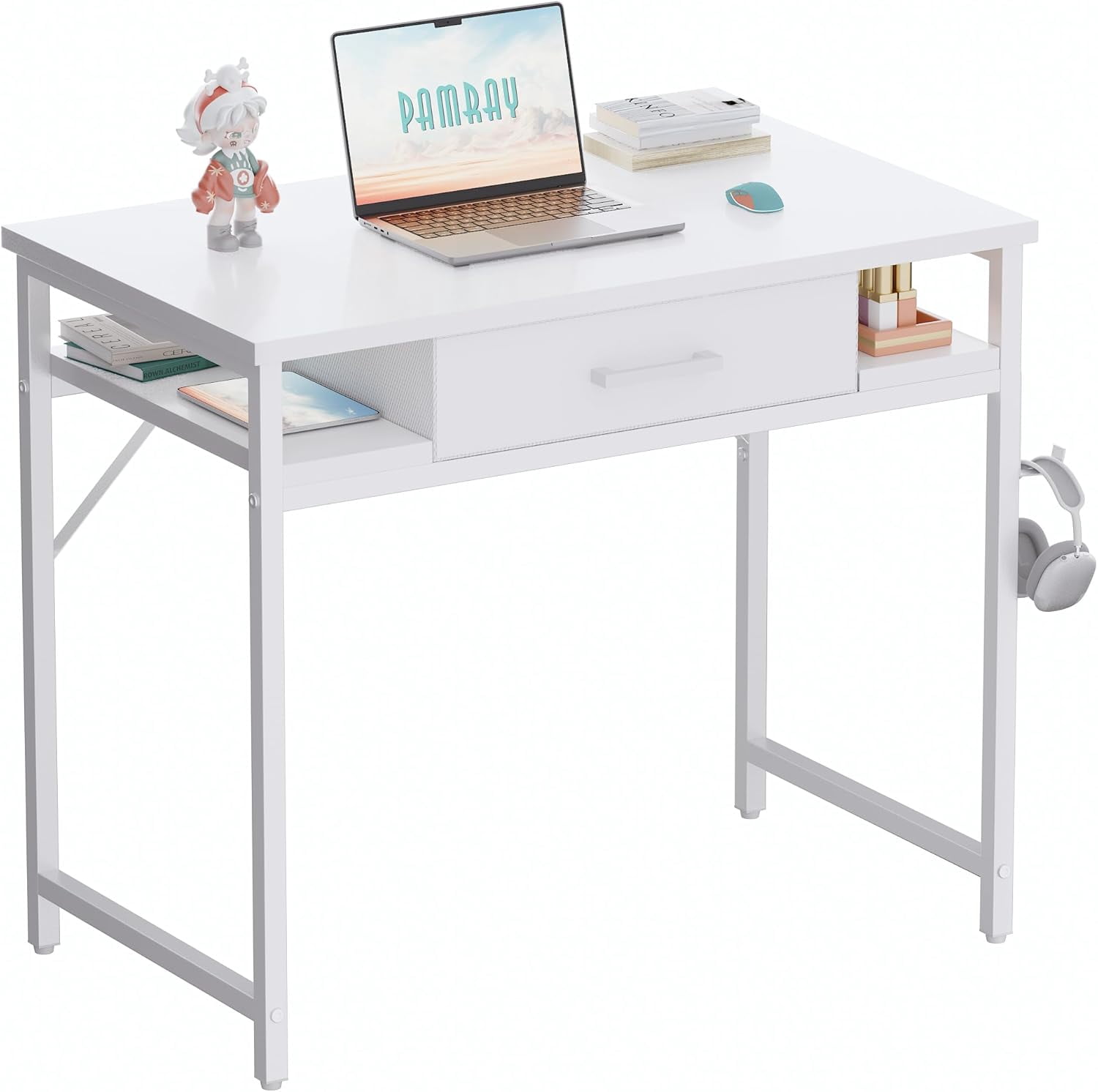 32 Inch Small Computer Desk with Drawer and Shelves Simple Study Work ...
