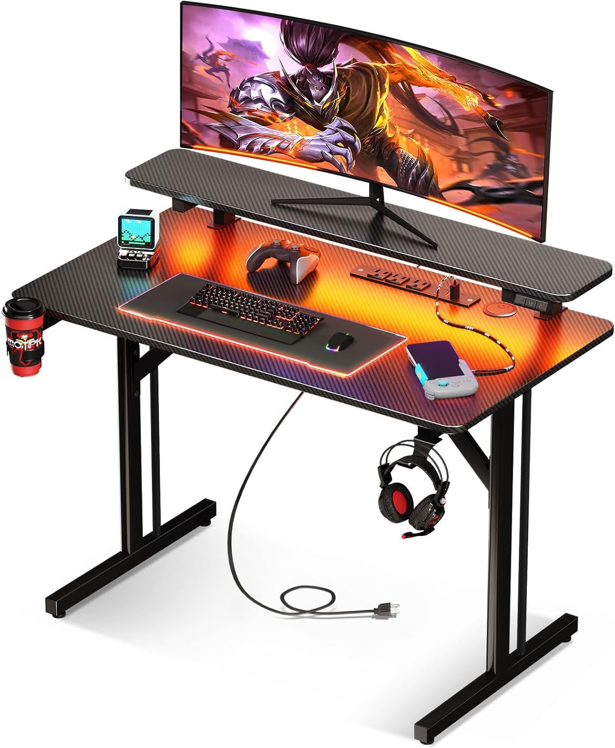 **32 inch small gaming desk with led lights & power outlets, computer ...
