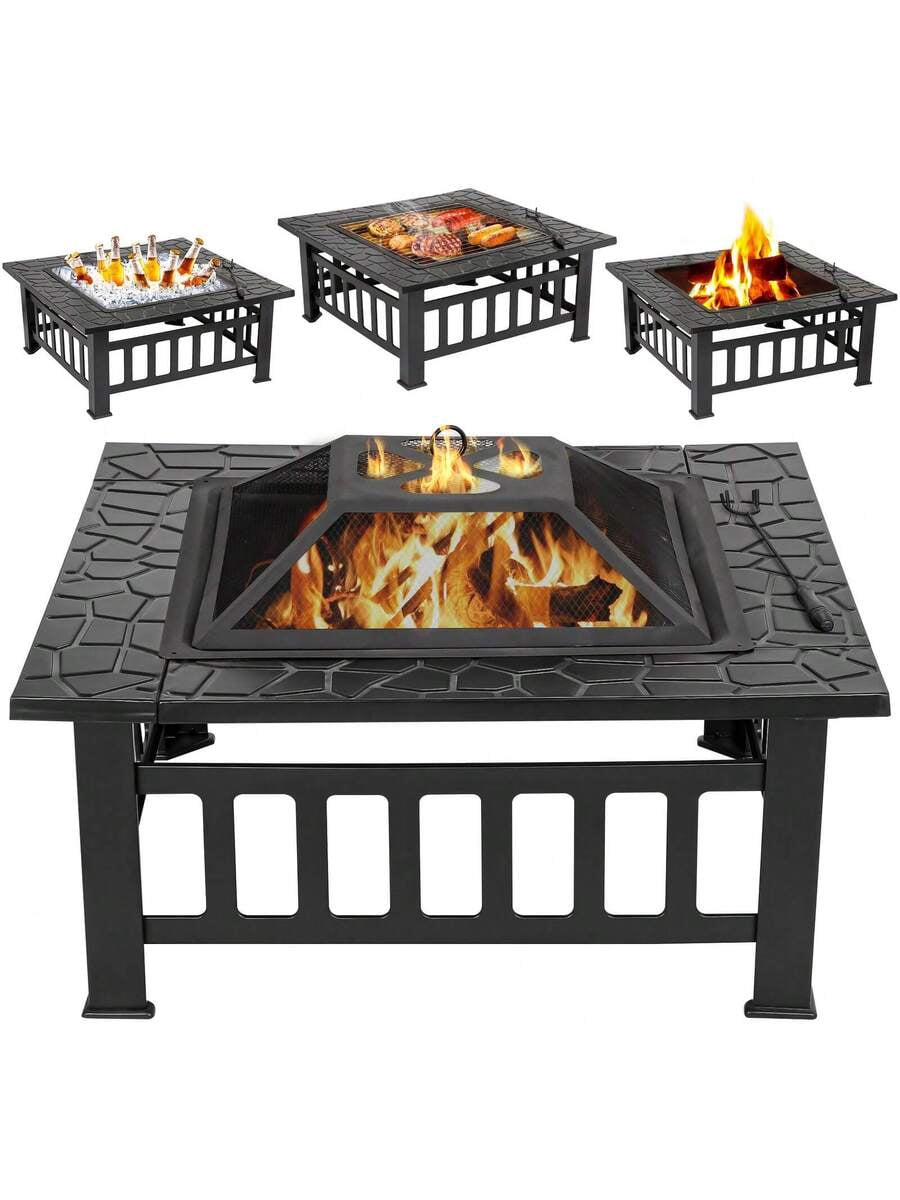 32-Inch Square Metal Fire Pit, Outdoor Backyard Patio Garden Stove With ...