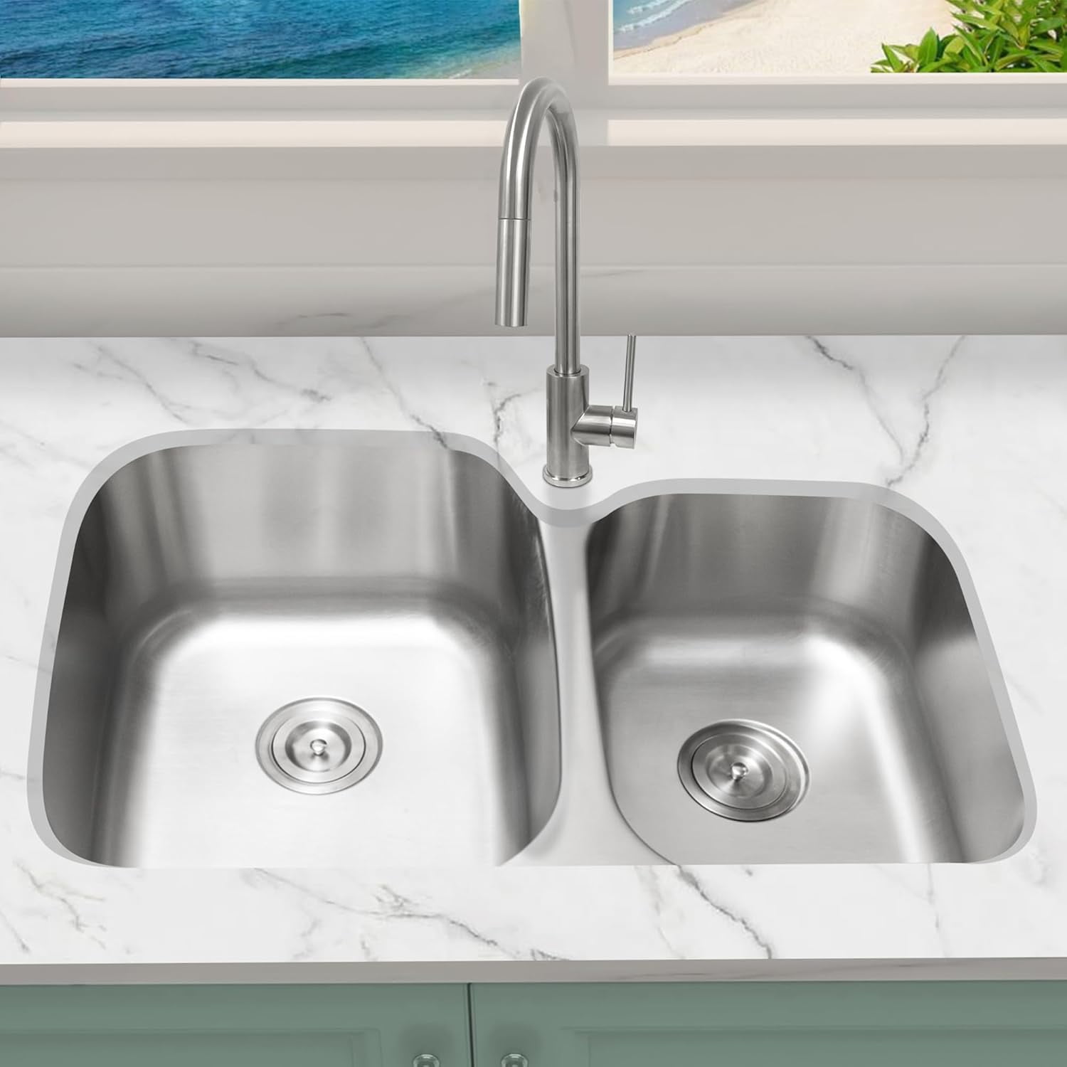 32 Inch Stainless Steel 60/40 Double Unequal Bowl Classic Kitchen Sink ...