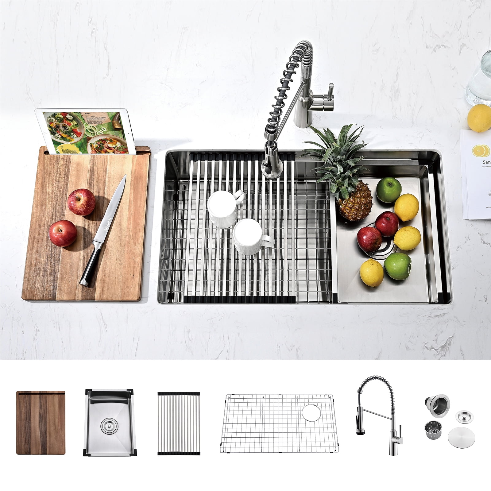 32 Inch Stainless Steel Single Bowl Undermount Workstation Double ...