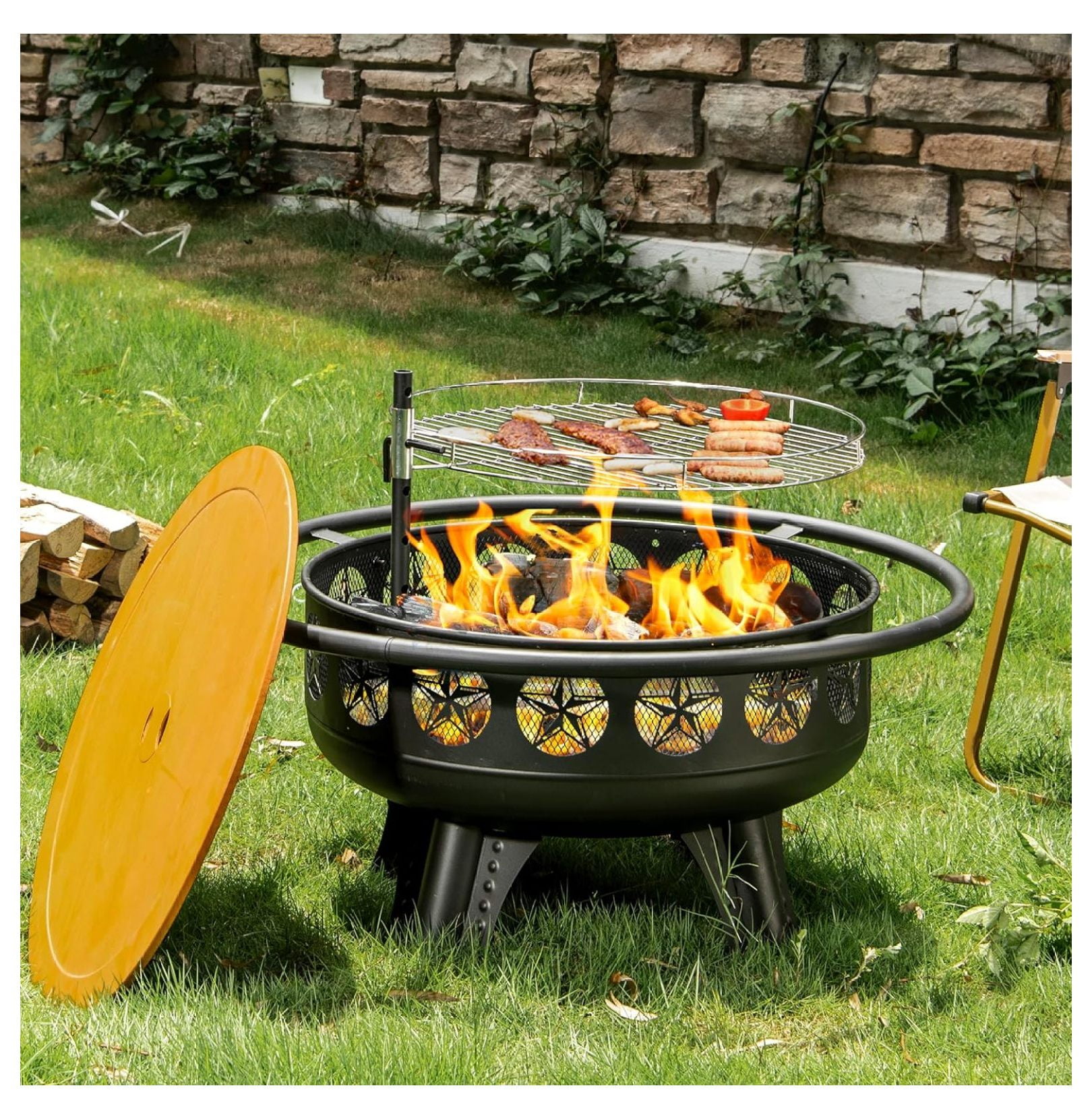 32 Inch with Swivel Cooking Grate,3-in-1 Wood Burning Firepit with ...