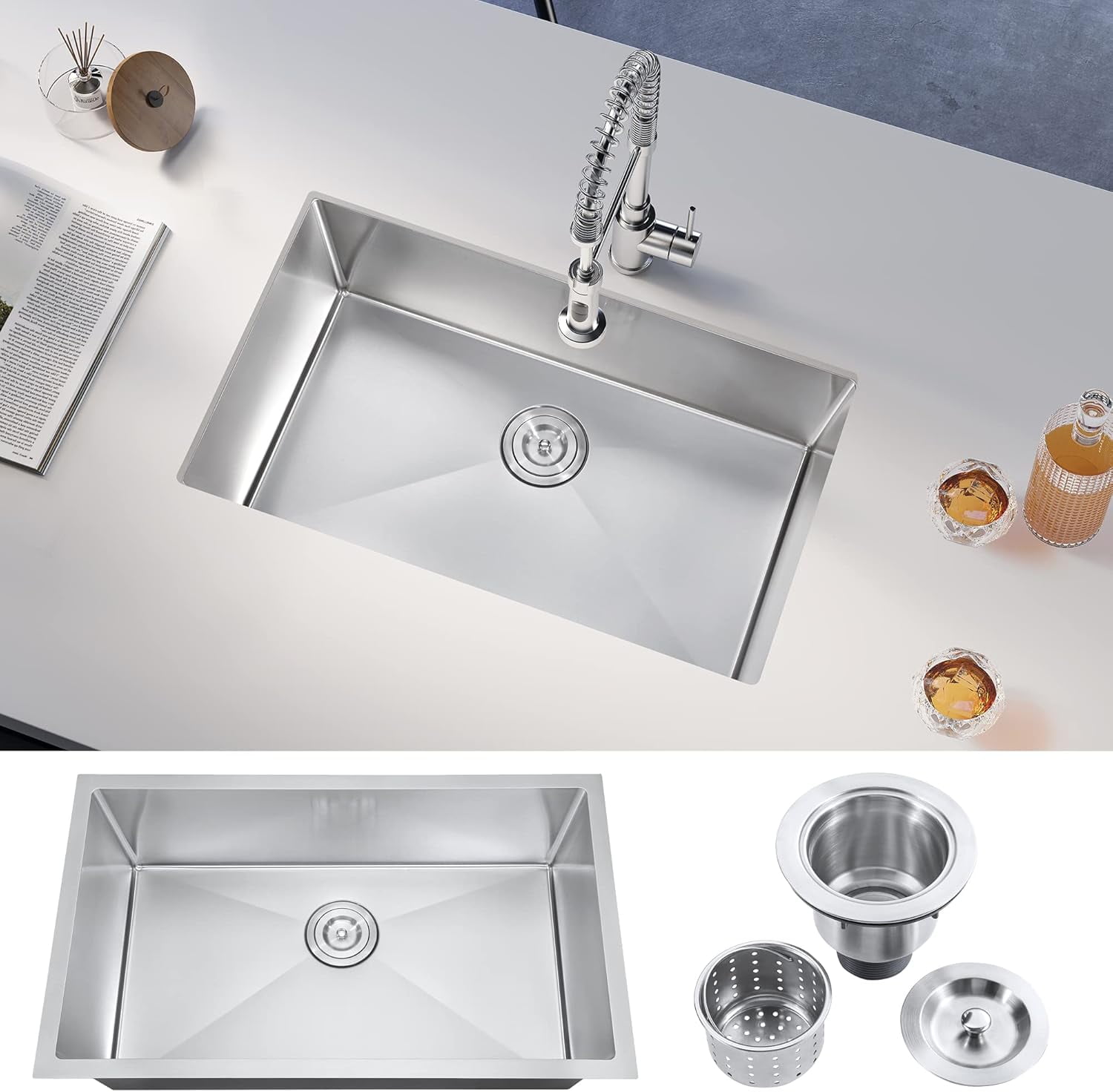 32 Inch Undermount Single Bowl Kitchen Sink,Nano Coating Stainless ...