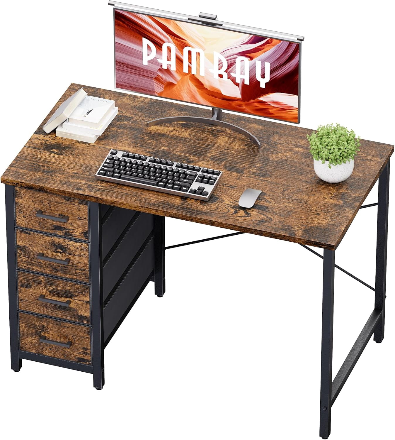 32 Inch Vintage Casual Computer Desk with 4 Fabric-Covered Drawers ...