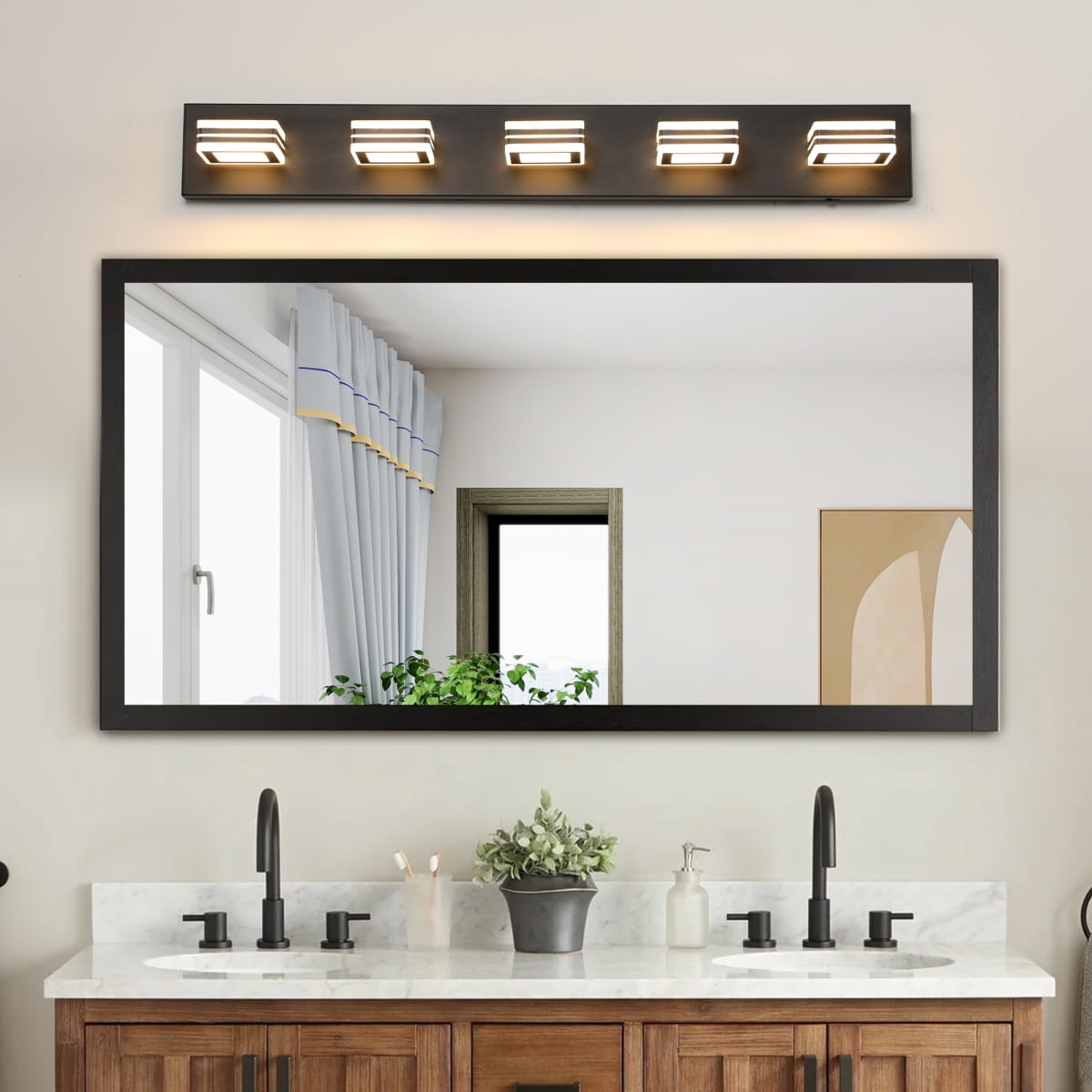 32" Modern Black 5-Light LED Vanity Light, Square Acrylic Lampshades ...