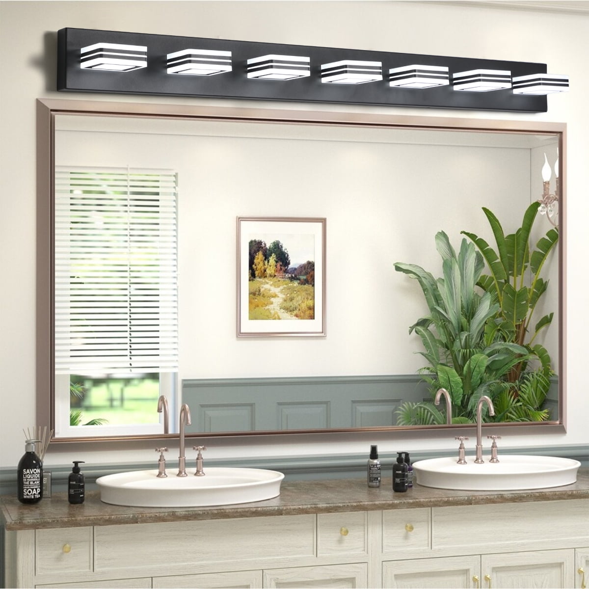 32" Modern Black 5-Light LED Vanity Light, Square Acrylic Lampshades ...