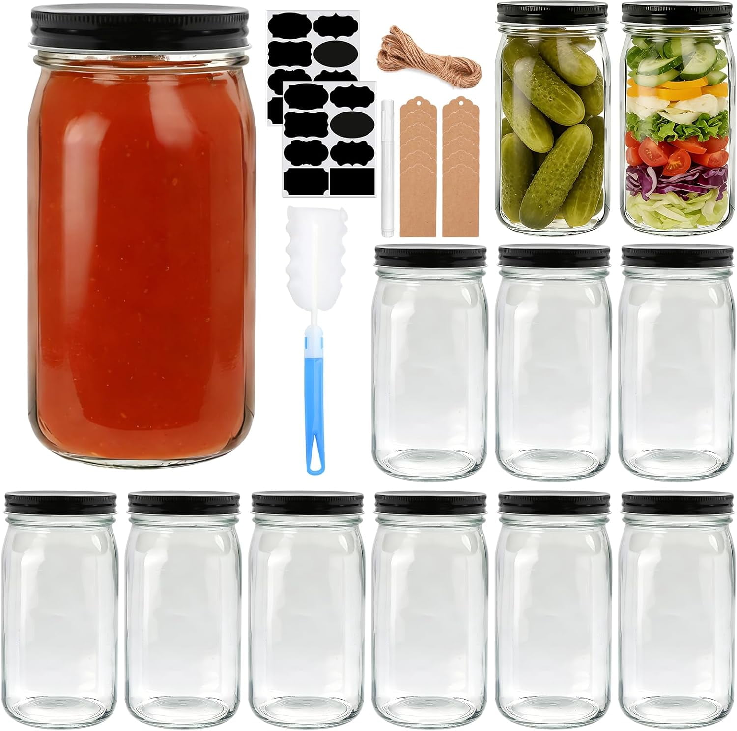 12 Pack 32oz Wide Mouth Glass Mason Jars with Airtight Lids, Clear ...