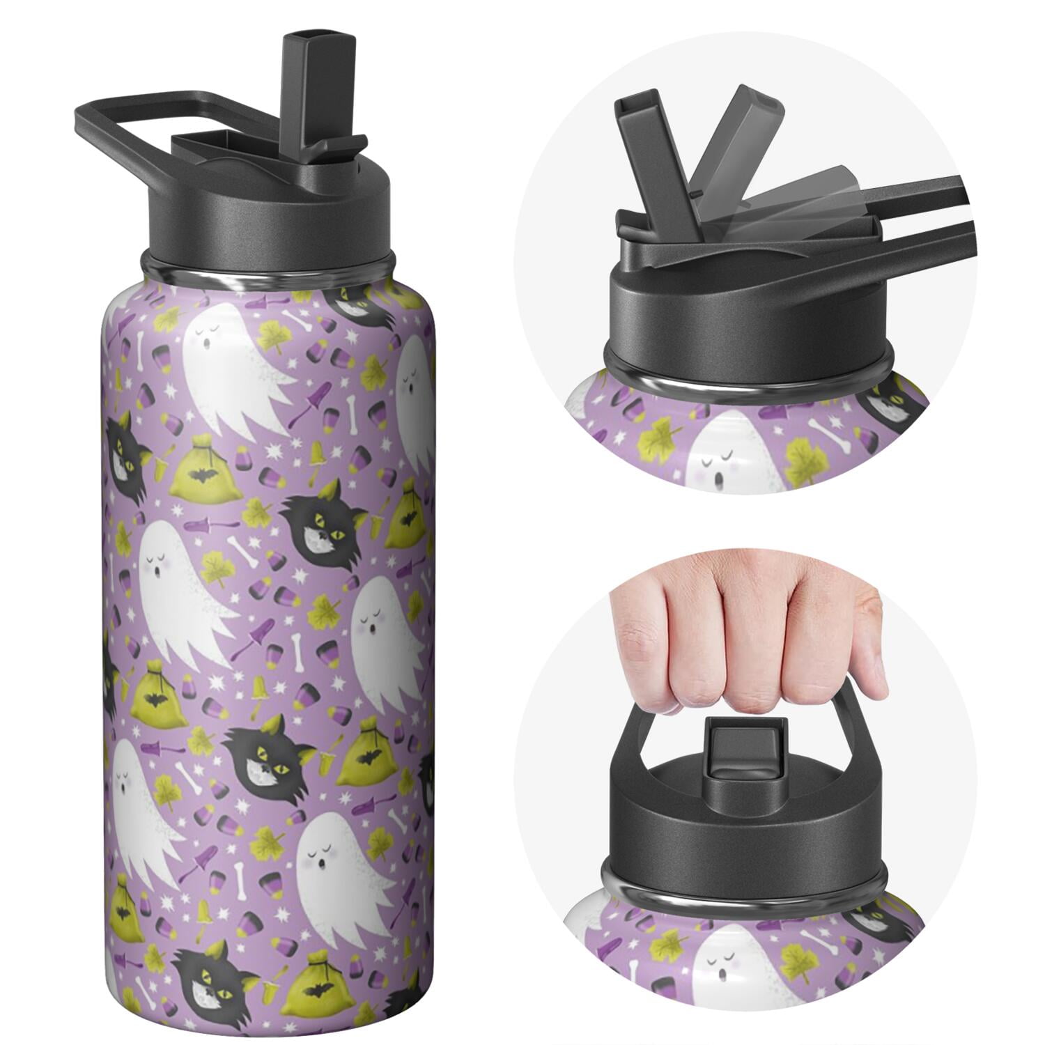 32 OZ Halloween Water Bottle With Straws Double Walled Vacuum Insulated Sports Bottle Ghost ...