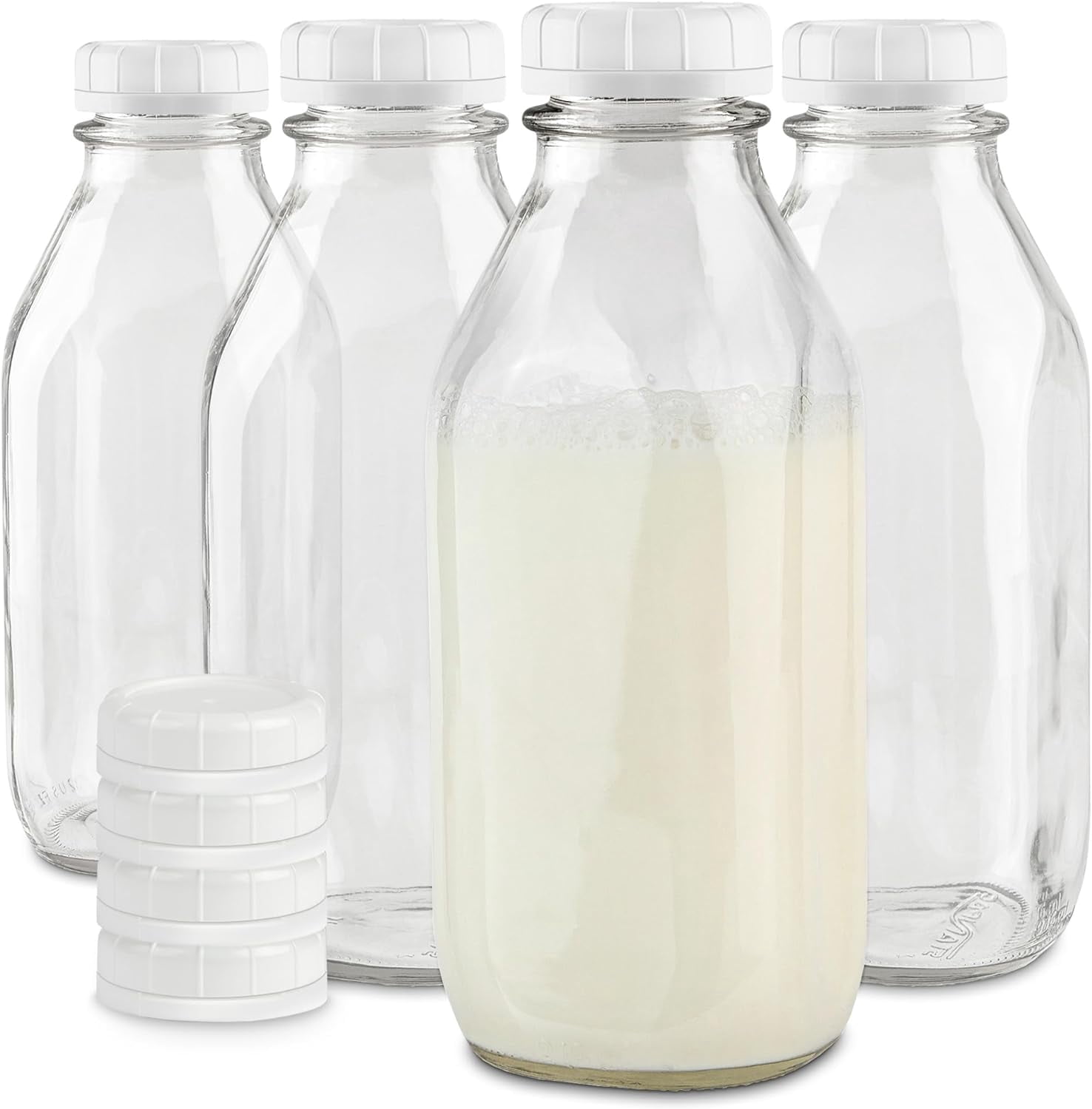Stock Your Home, Glass Milk Bottles, 32 Oz with White Caps, Food Grade ...