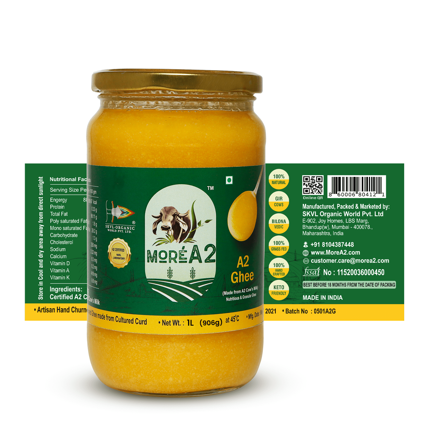 MoreA2 32 Oz Organic Grass Fed Ghee from Natural A2 Cow, Ancient ...