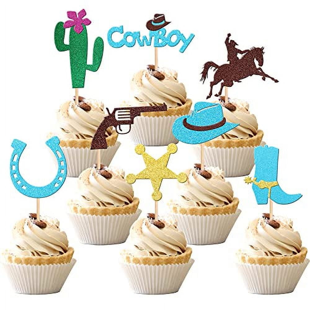 32 PCS Cowboy Cupcake Toppers Glitter HorseShoe Cowboy Hats Boots ...