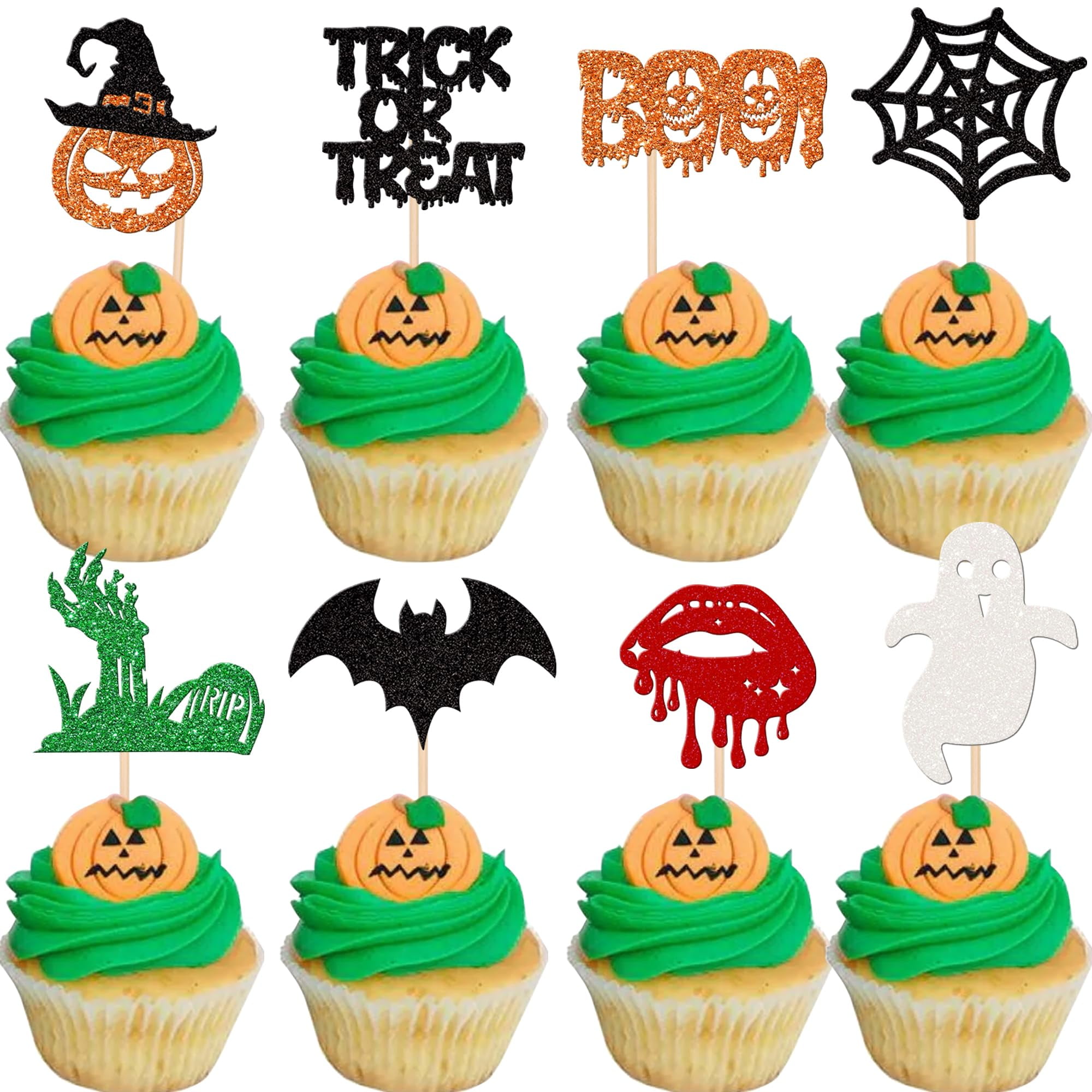 32 PCS HalloweenTRDN Cupcake Toppers Glitter Trick or Treat Ghost Spider Web Pumpkin Cupcake ...