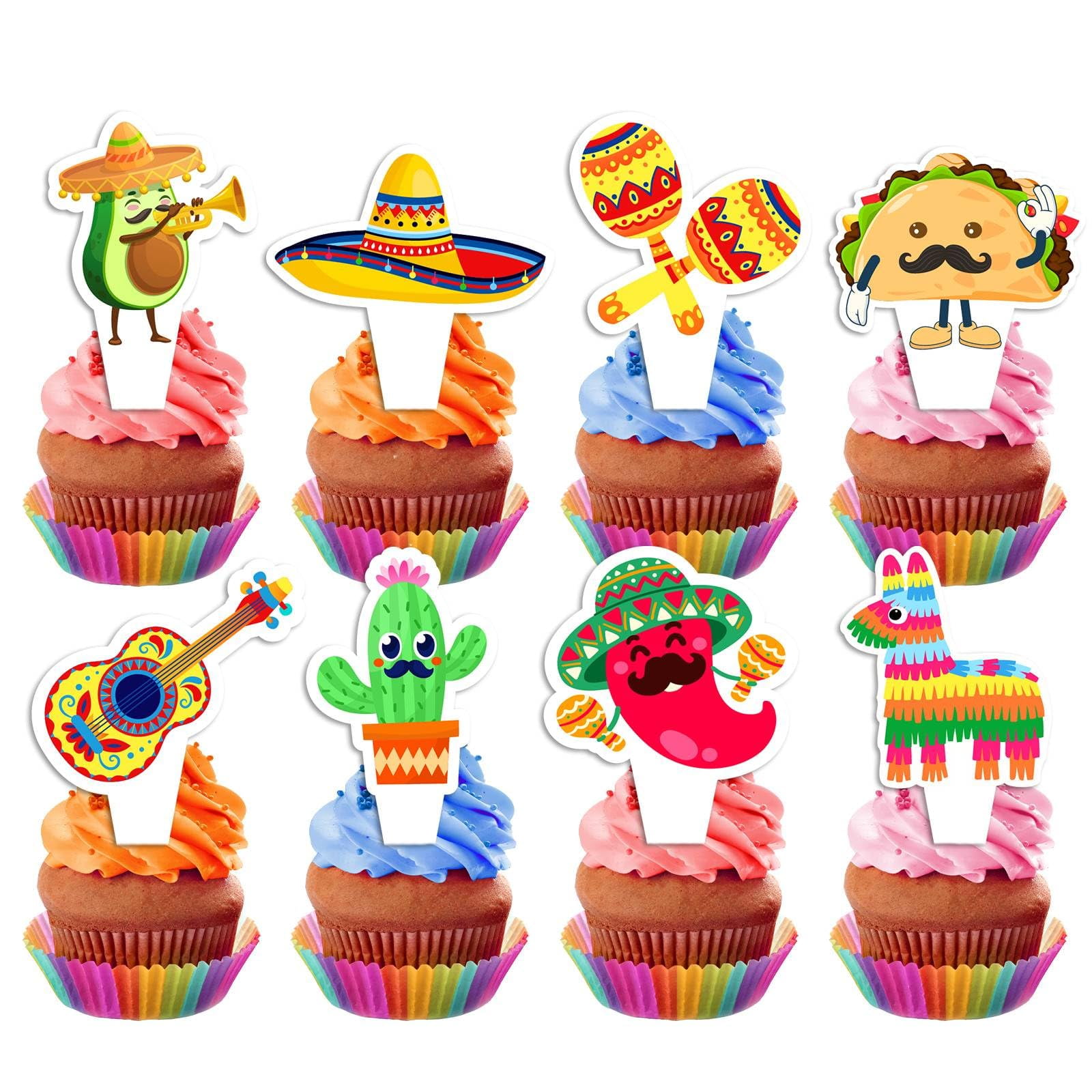 32 PCS Mexican Fiesta Cupcake Toppers RST1 - Cactus Donkey Maraca ...