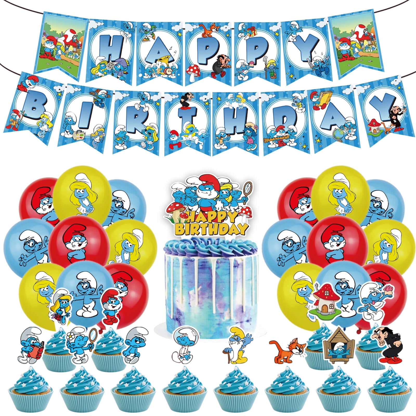 32 PCS For The Smurfs Cartoon Theme Party Decorations Set,With 1 Happy ...