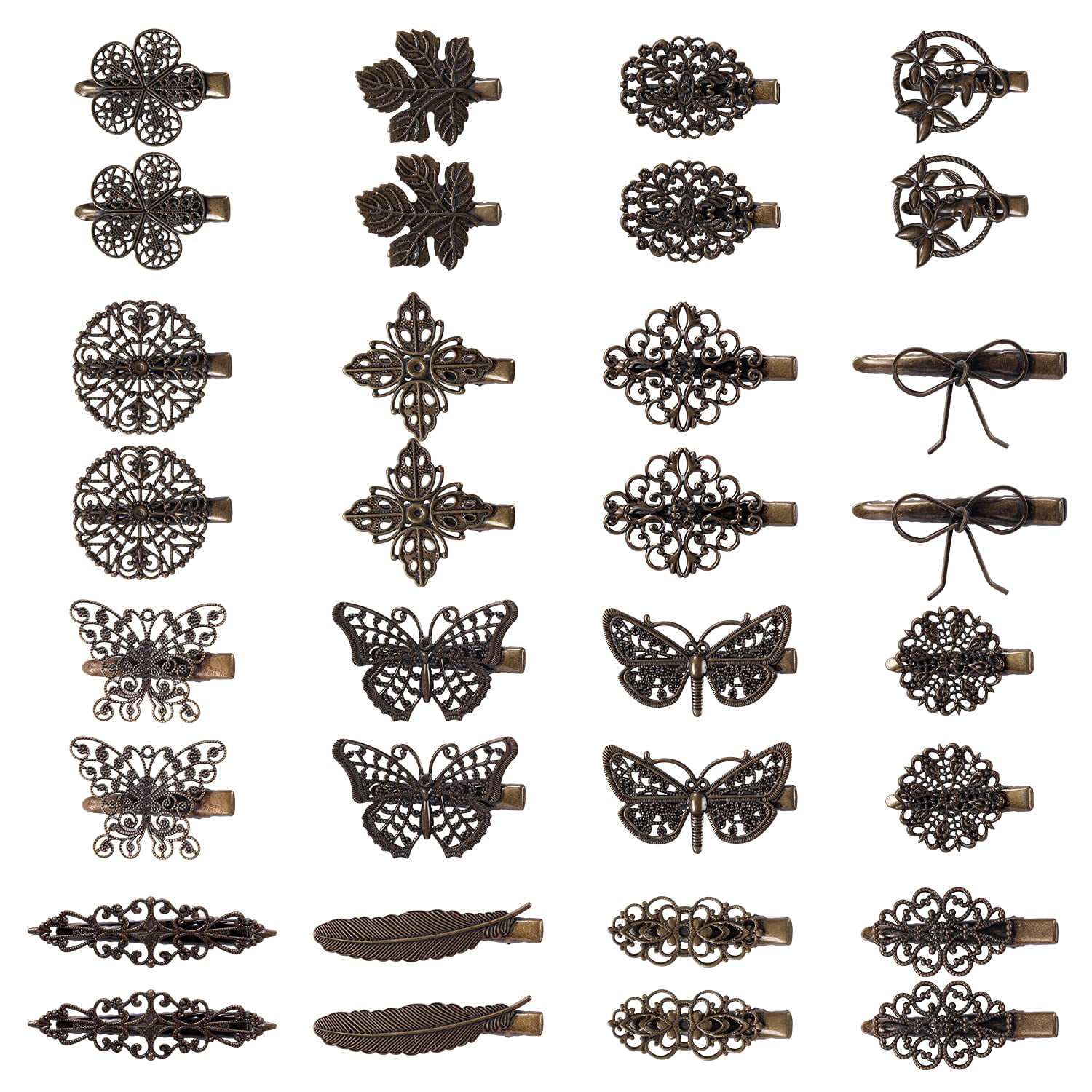 32 Pack/16 Pairs Small Metal Silver Retro Vintage Leaf Flower Butterfly ...