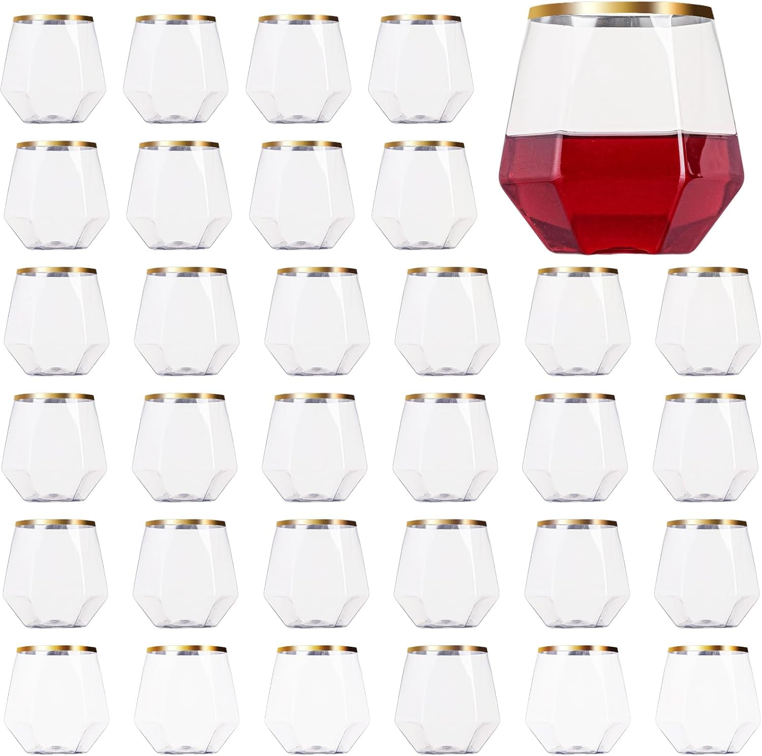 32 Pack Disposable Stemless Wine Glasses Gold Rim Unbreakable Plastic