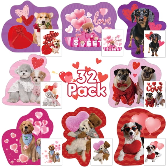 32 Pack Dog Themed Valentine Cards for Kids: 8 Adorable Puppy Designs ...