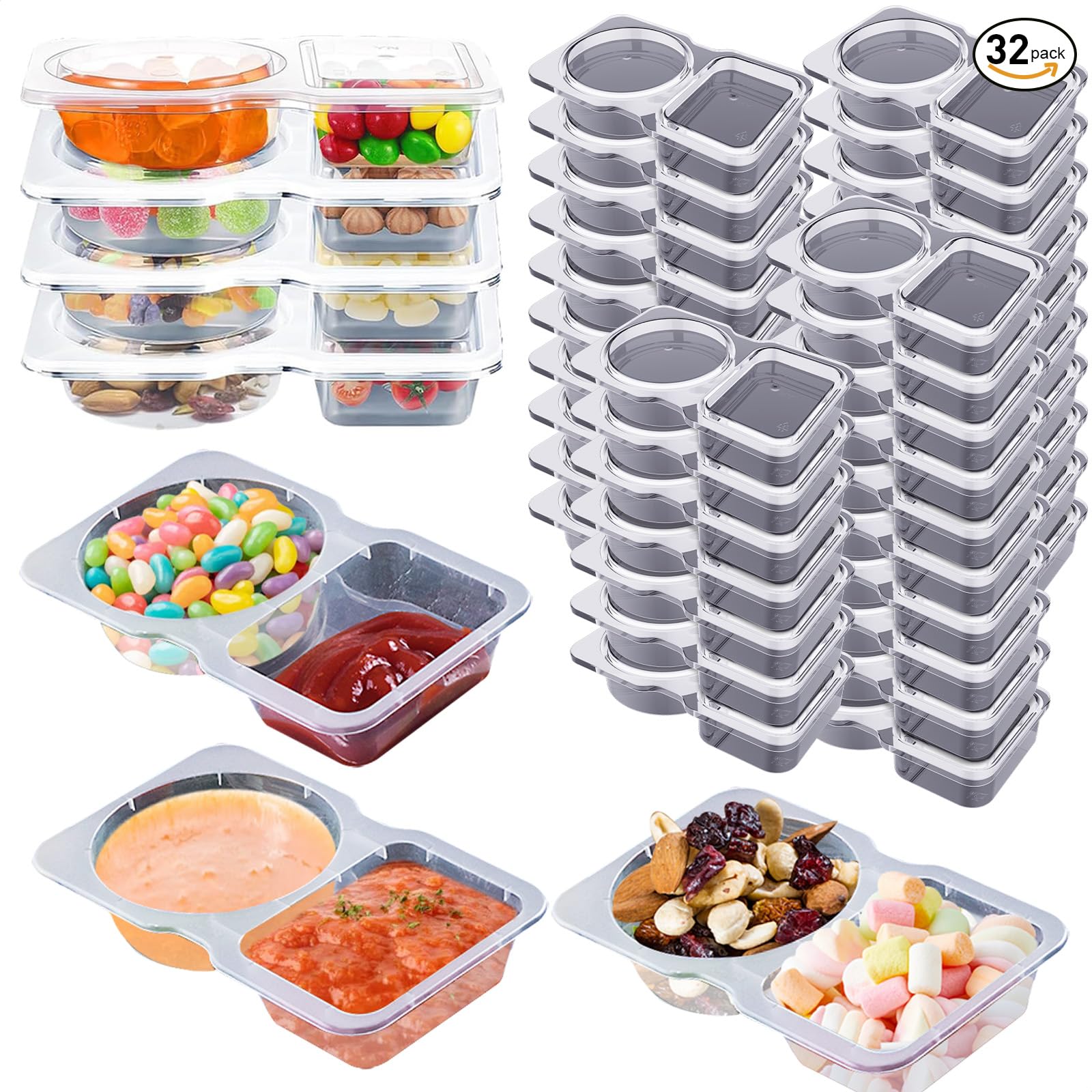 32 Pack Double Compartment Condiment Containers with Lids, Portable ...