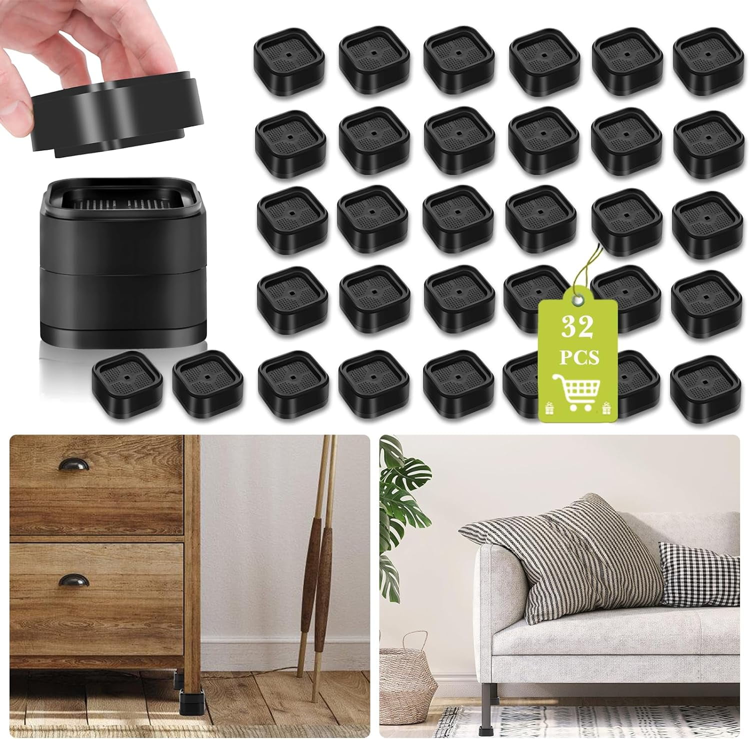 32 Pack Furniture Risers 1,2 or 3 Inch, Adjustable Bed Risers Heavy ...