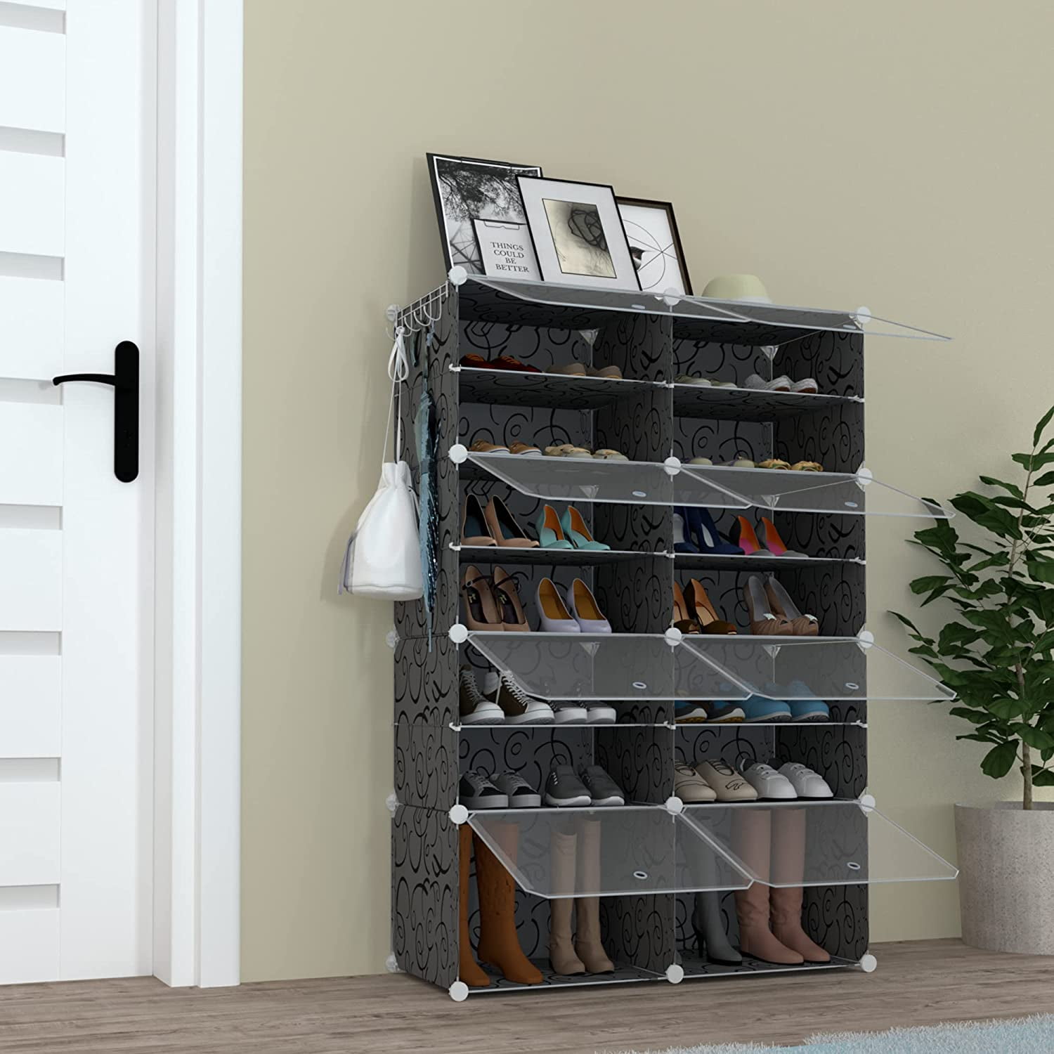 32 Pair Shoe Storage Cabinet with Door, Expandable Plastic Shoe Rack ...