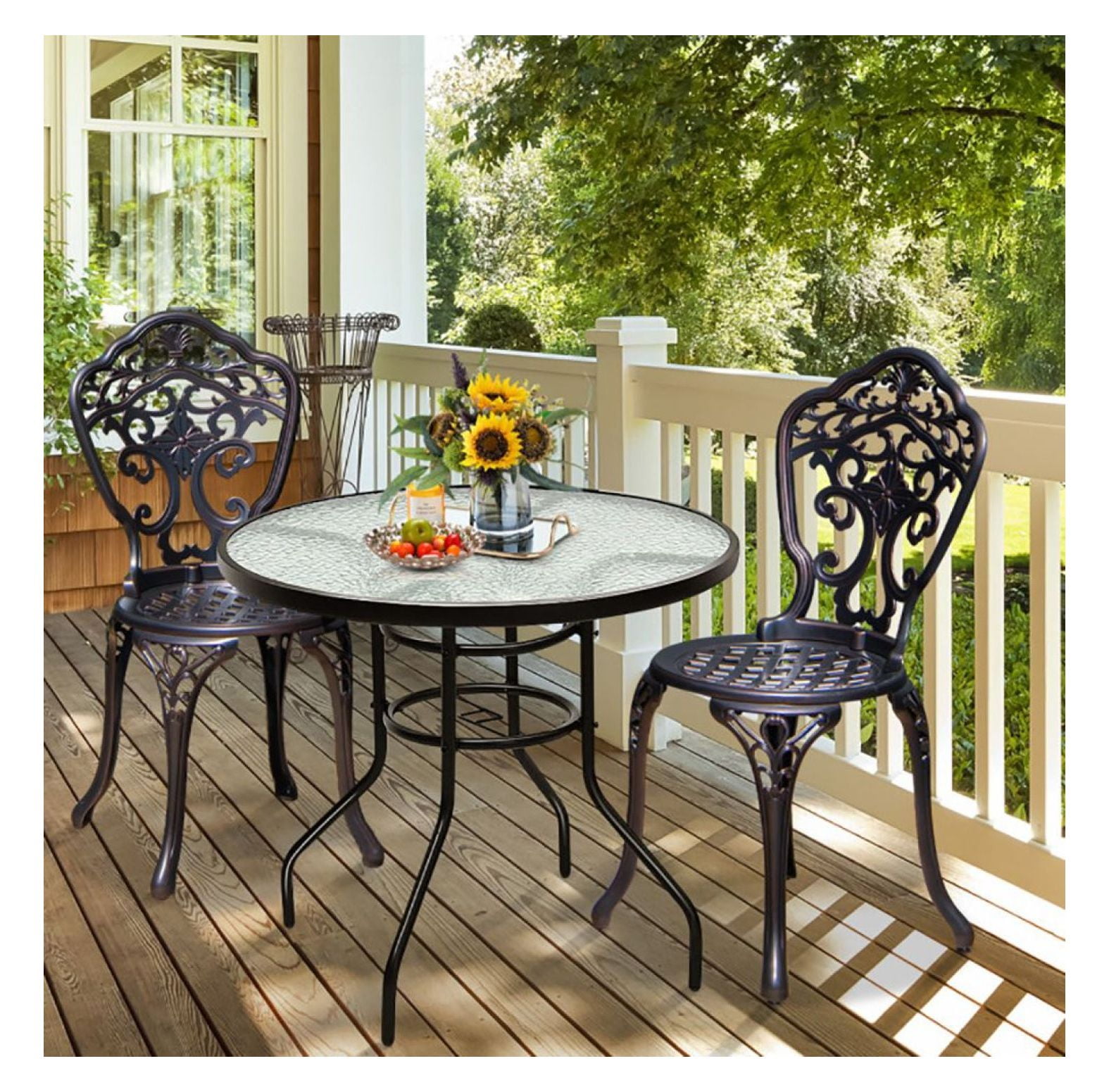 32" Patio Table, Round Tempered Glass Outdoor Table with Umbrella Hole ...