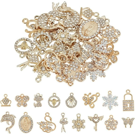 32 Pcs 16 Styles Alloy Rhinestone Charms Mixed Shapes Light Gold ...