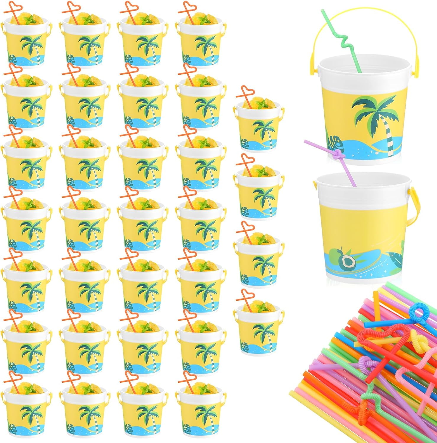 32 Pcs 32 oz Plastic Cocktail Rum Buckets for Drinks with 100 Colorful ...