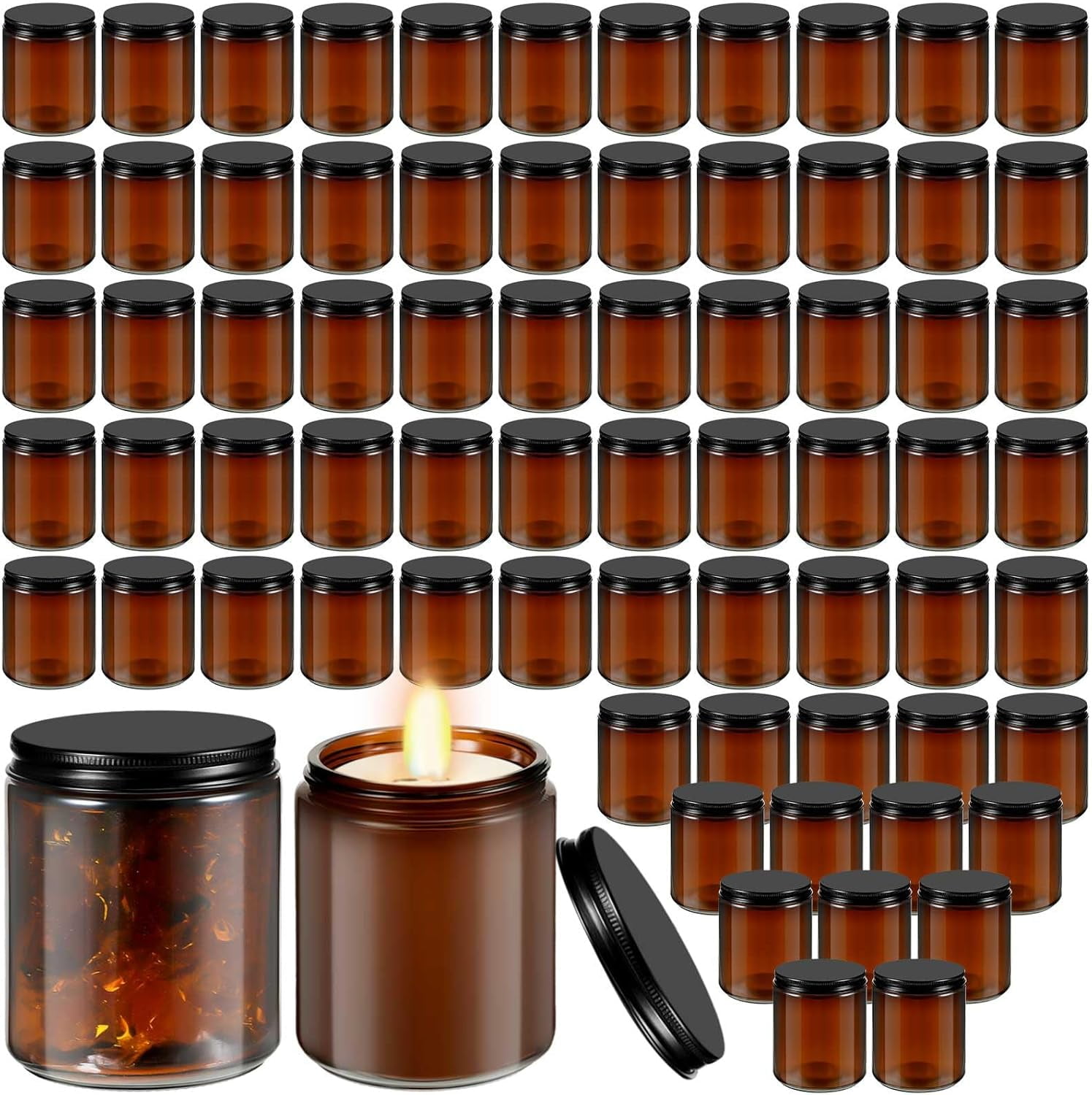 32 Pcs 8 oz Amber Glass Jars with Black Metal Lids Round Small Cosmetic ...