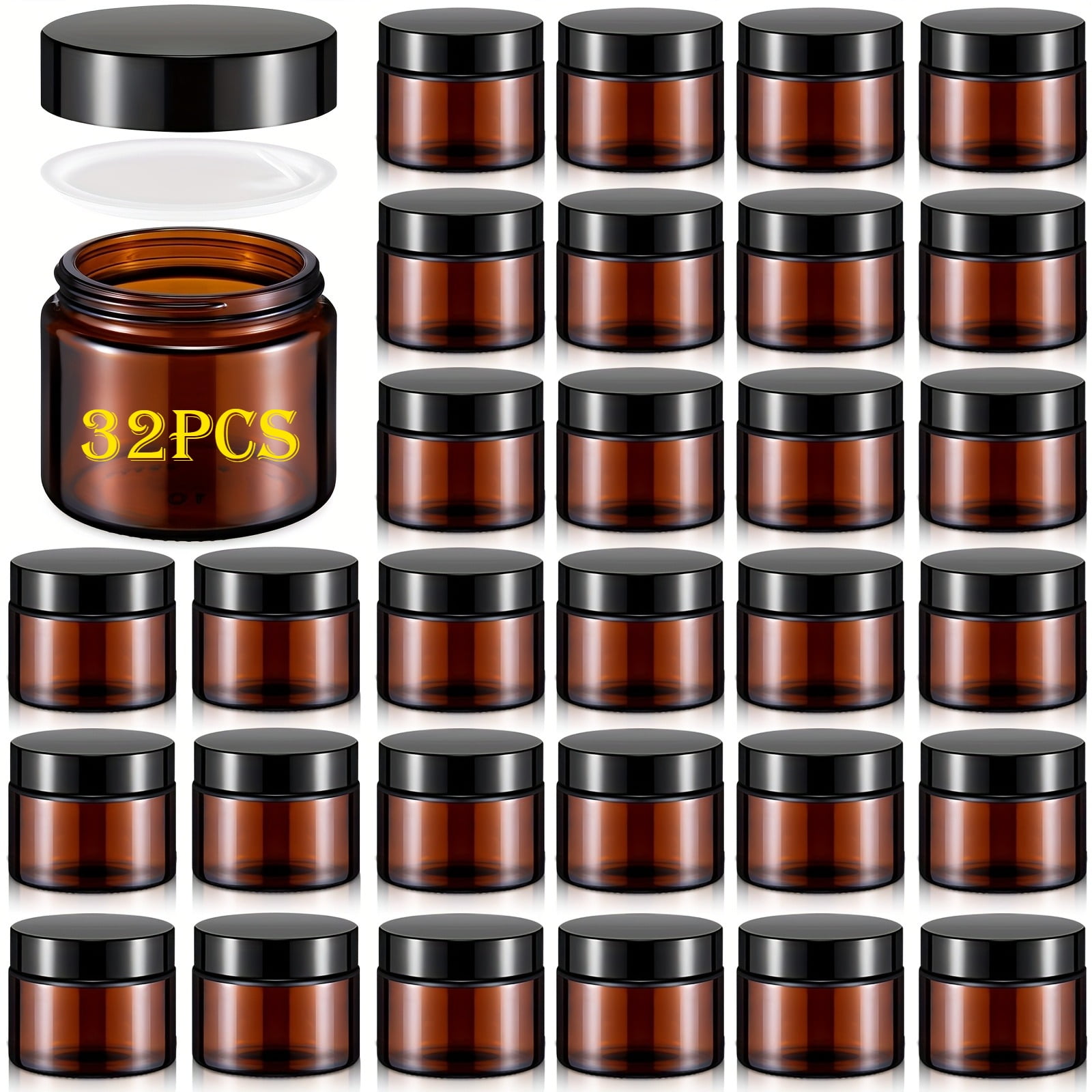 32 Pcs Amber Glass Jars with Black Lids and Liners, 2 oz Round Glass ...