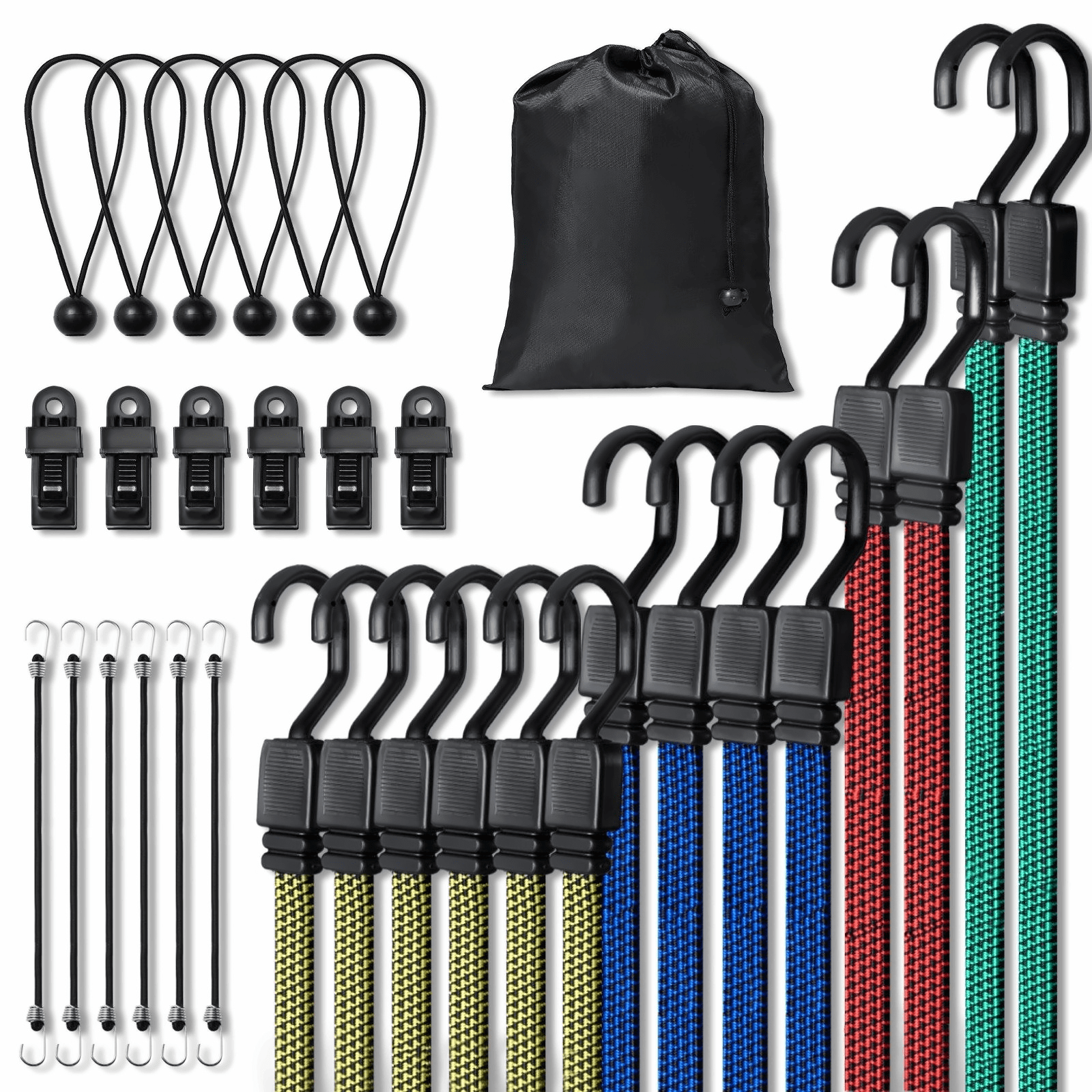 32 Pcs Bungee Cords 17mm Heavy Duty - Flat Stretch Straps with J-Hooks ...