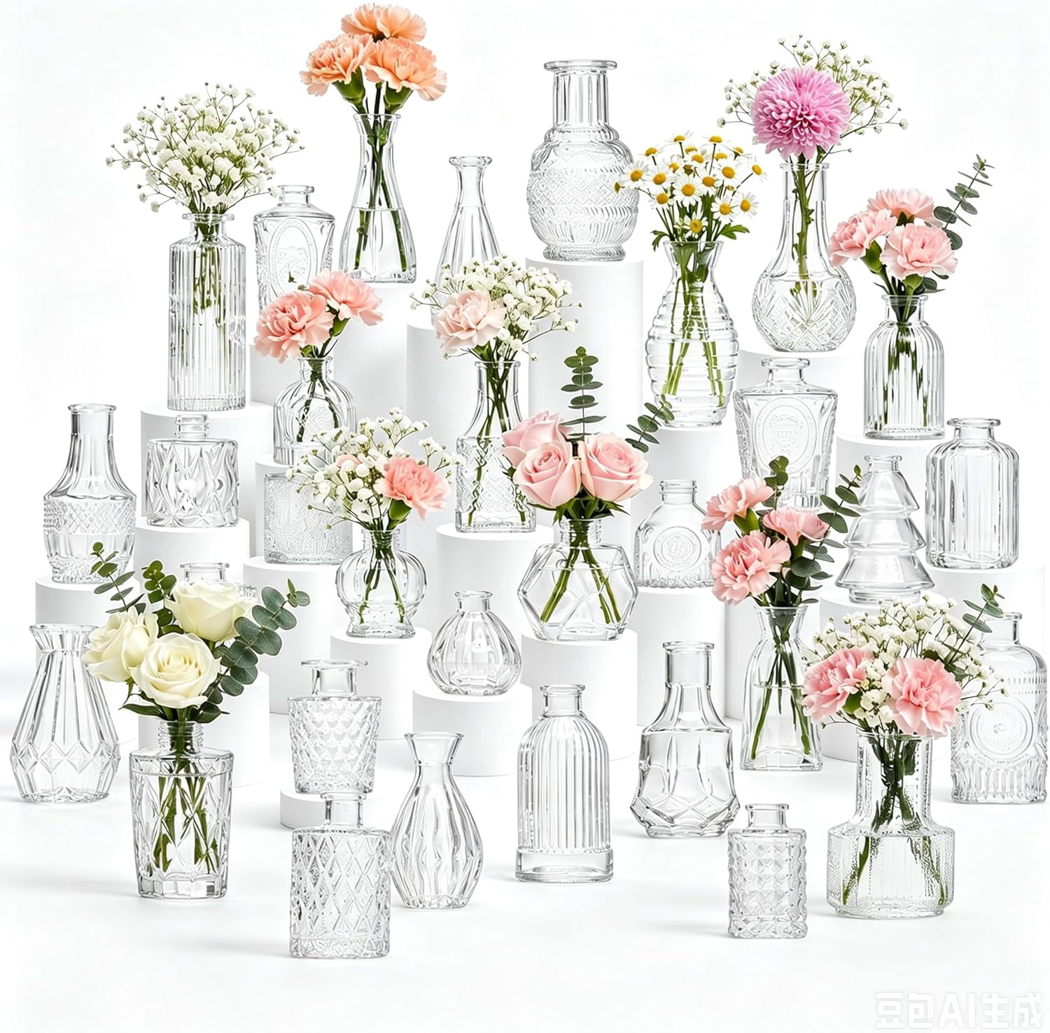 32 Pcs Clear Glass Bud Vases in Bulk, Vintage Embossed Small Vases for ...