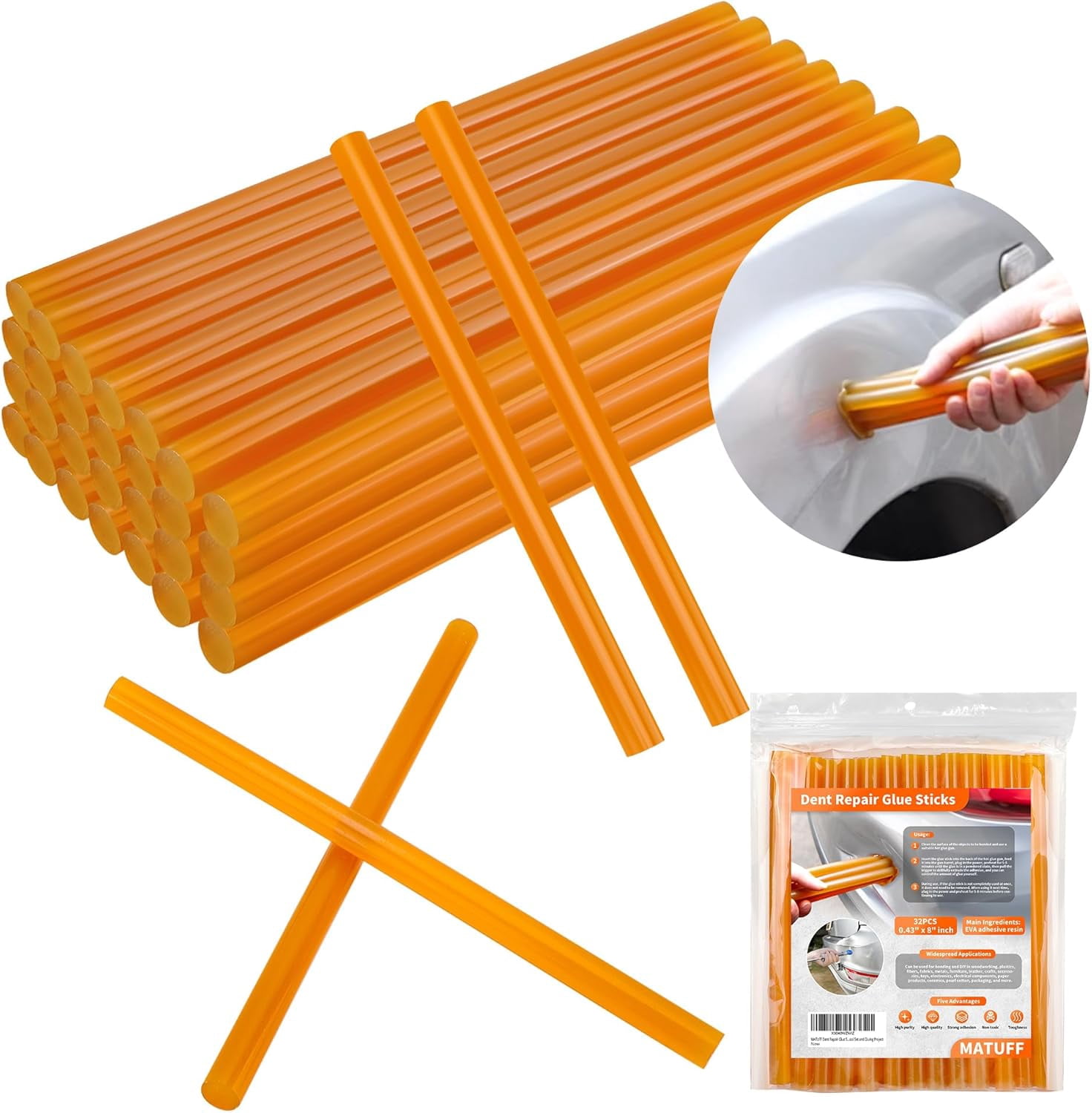 32 Pcs Dent Repair Glue Sticks, 0.43” Dia x 8” Long Yellow Hot Glue ...