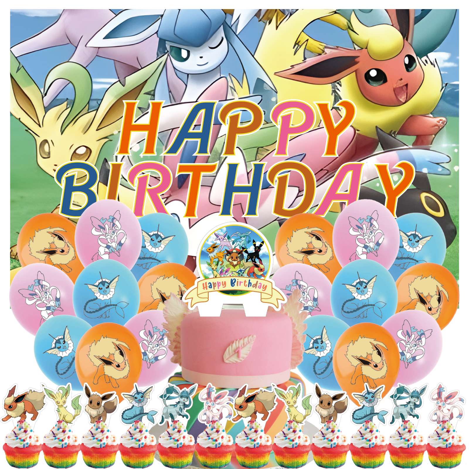 32 Pcs For Eevee Theme Birthday Party Decorations Set with 13 Cupcake ...