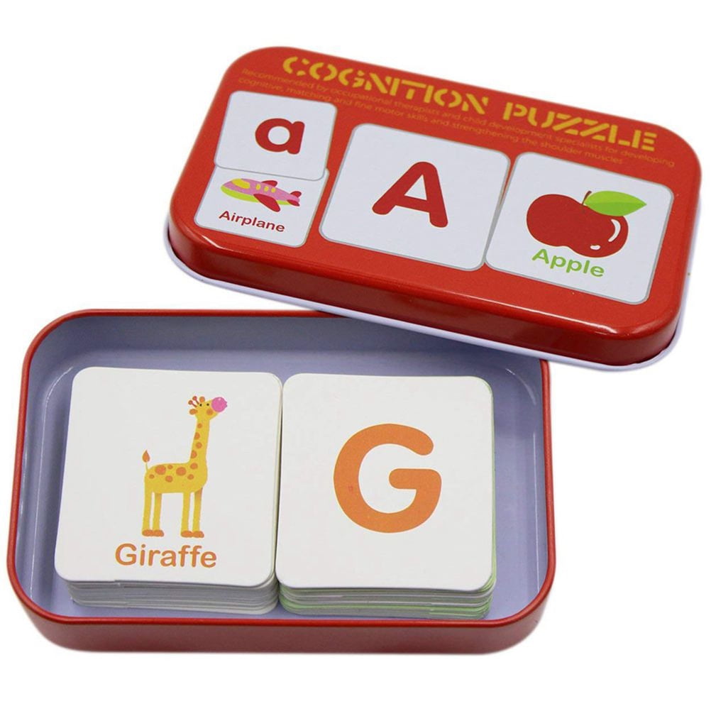 32 Pcs Flash Cards Learning Alphabet Puzzle Cards with Metal Box ...