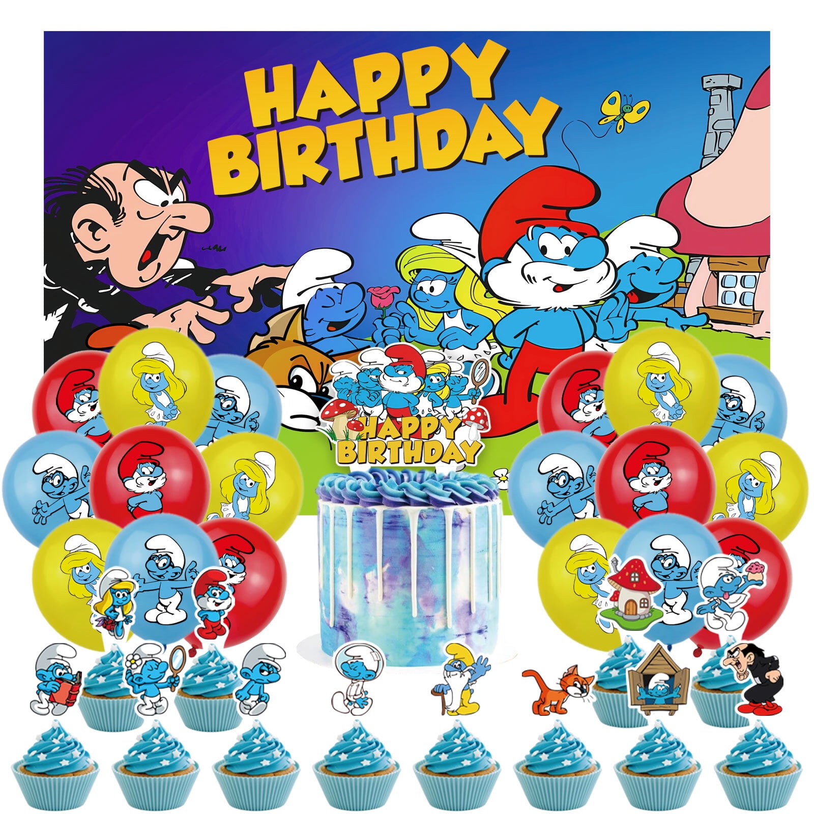 32 Pcs For Smurfs Birthday Party Supplies - Includes Backdrop, Balloons ...