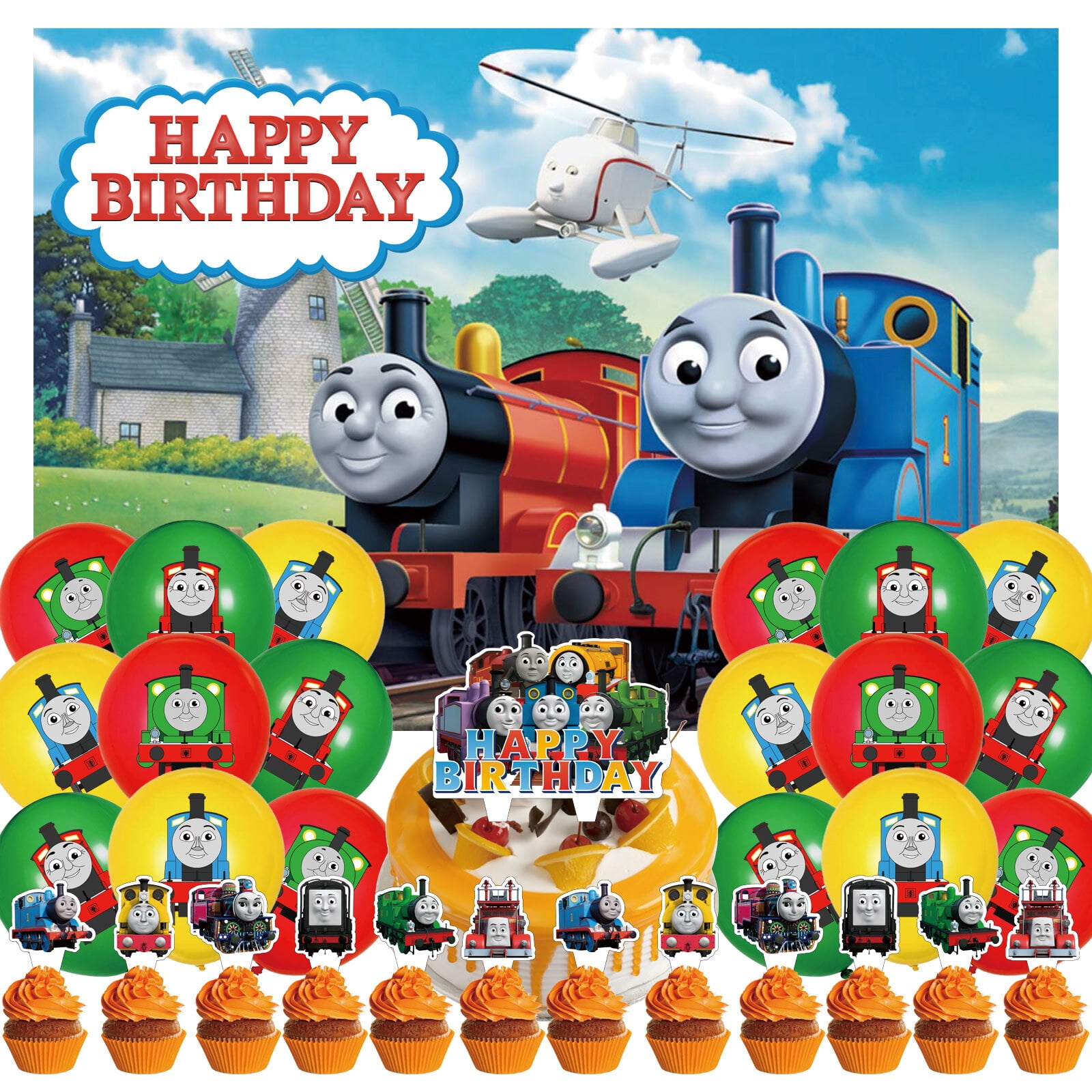 JKSTORE 32 Pcs Thomas the Train Party Set, Backdrop, 13 Cupcake Toppers ...