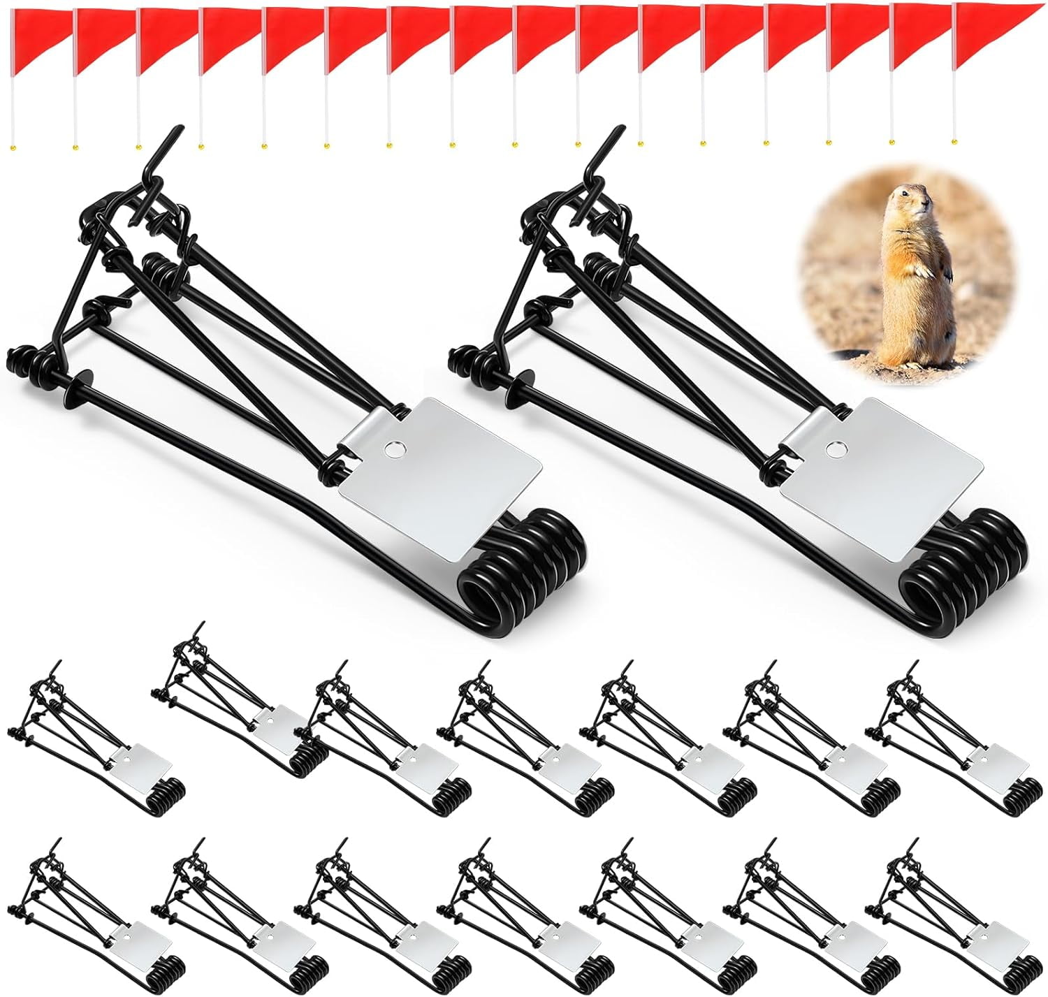 32 Pcs Mole Traps with Red Stick Flags Galvanized Easy Set Reusable ...
