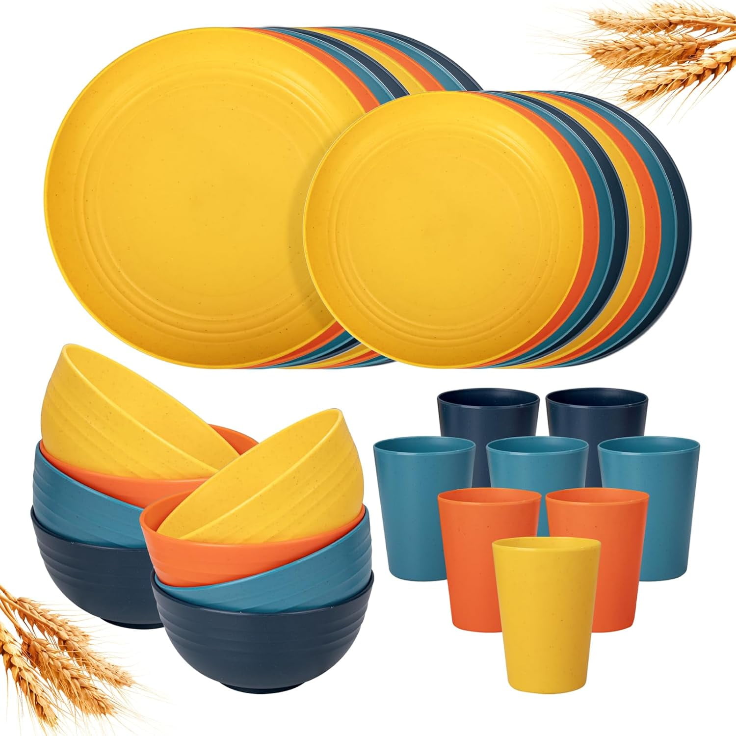 32 Pcs Plastic Wheat Straw Dinnerware Set - Plastic Plates and Bowls ...