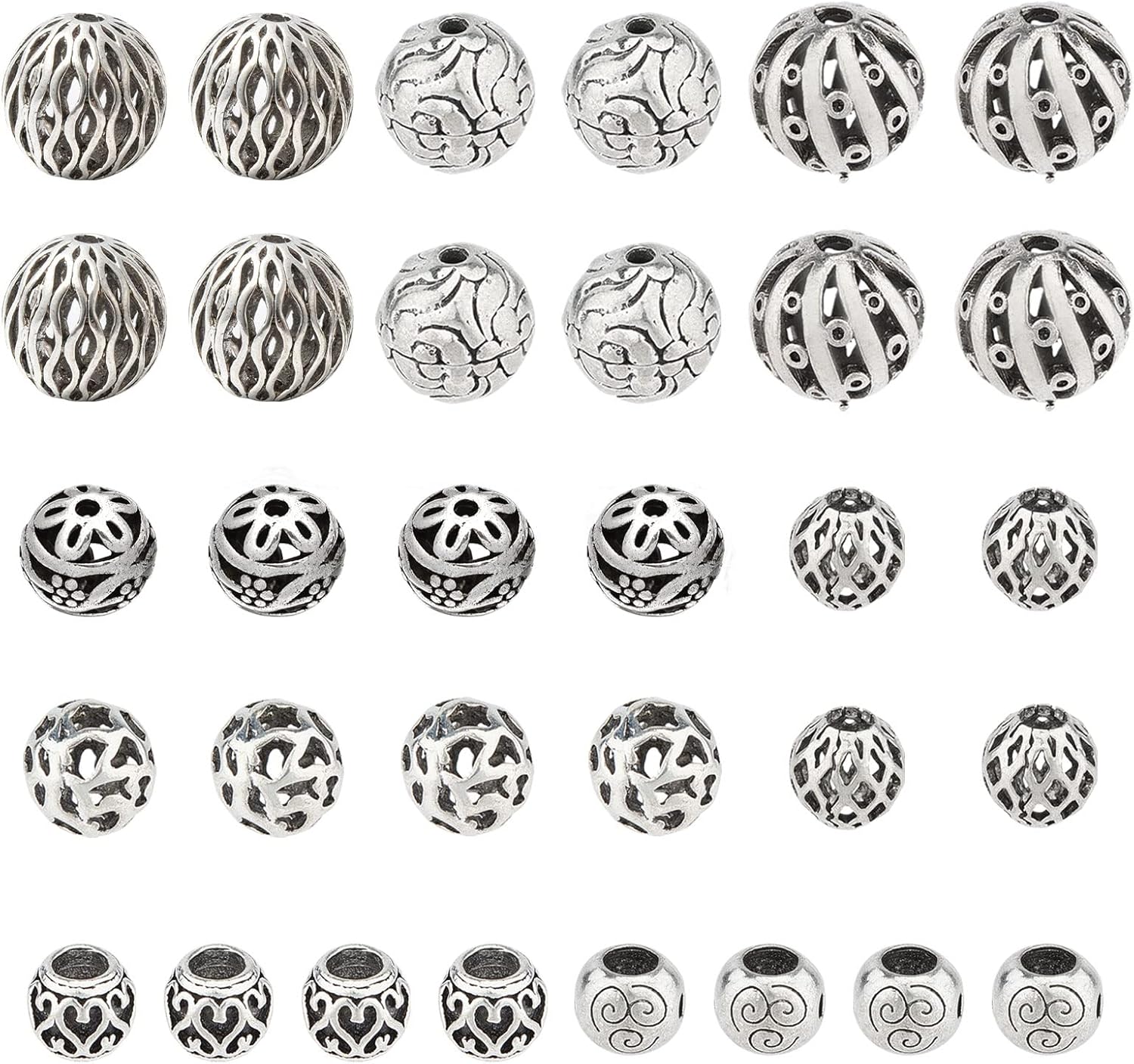 32 Pcs Round Brass Beads Silver Filigree Beads Loose Spacer European ...