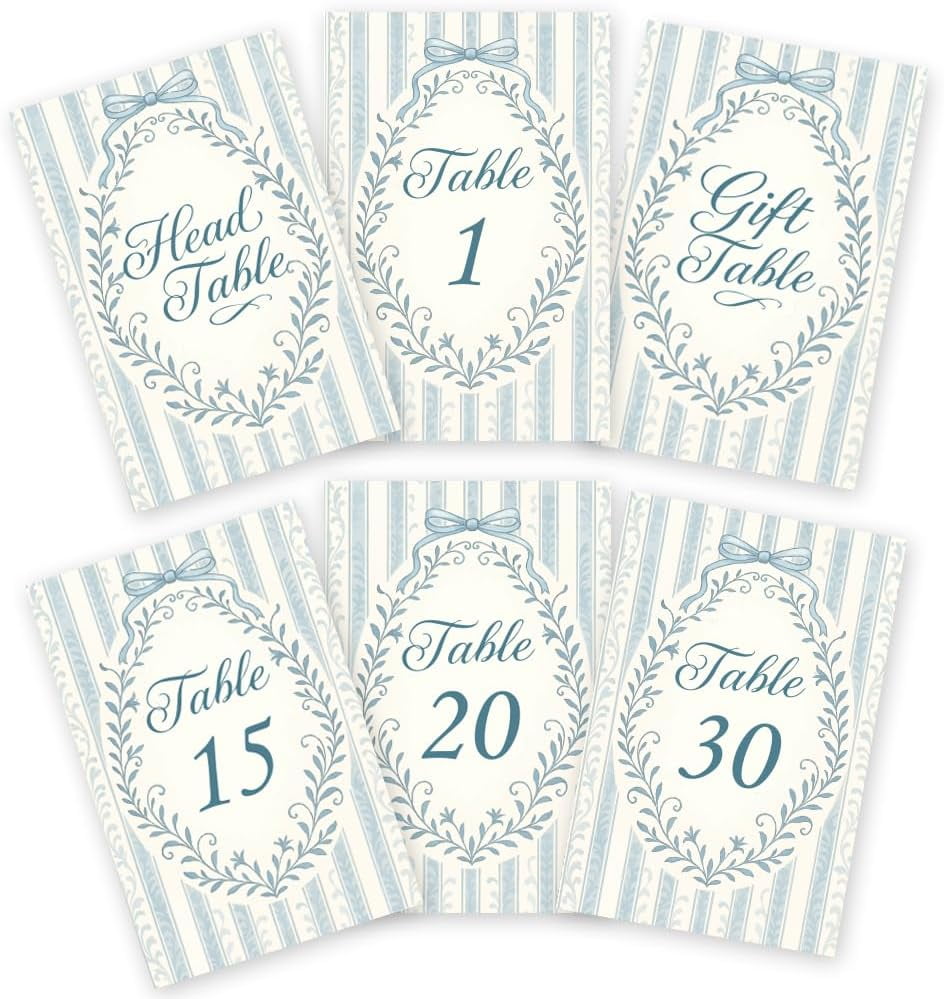 32 Pcs Wedding Table Numbers Cards 1-30 Blue White Strip Double Sided ...