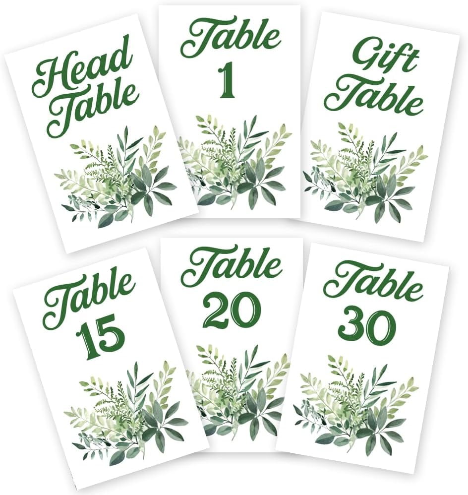 32 Pcs Wedding Table Numbers Cards 1-30 Green Leaf Bouquet Double Sided ...