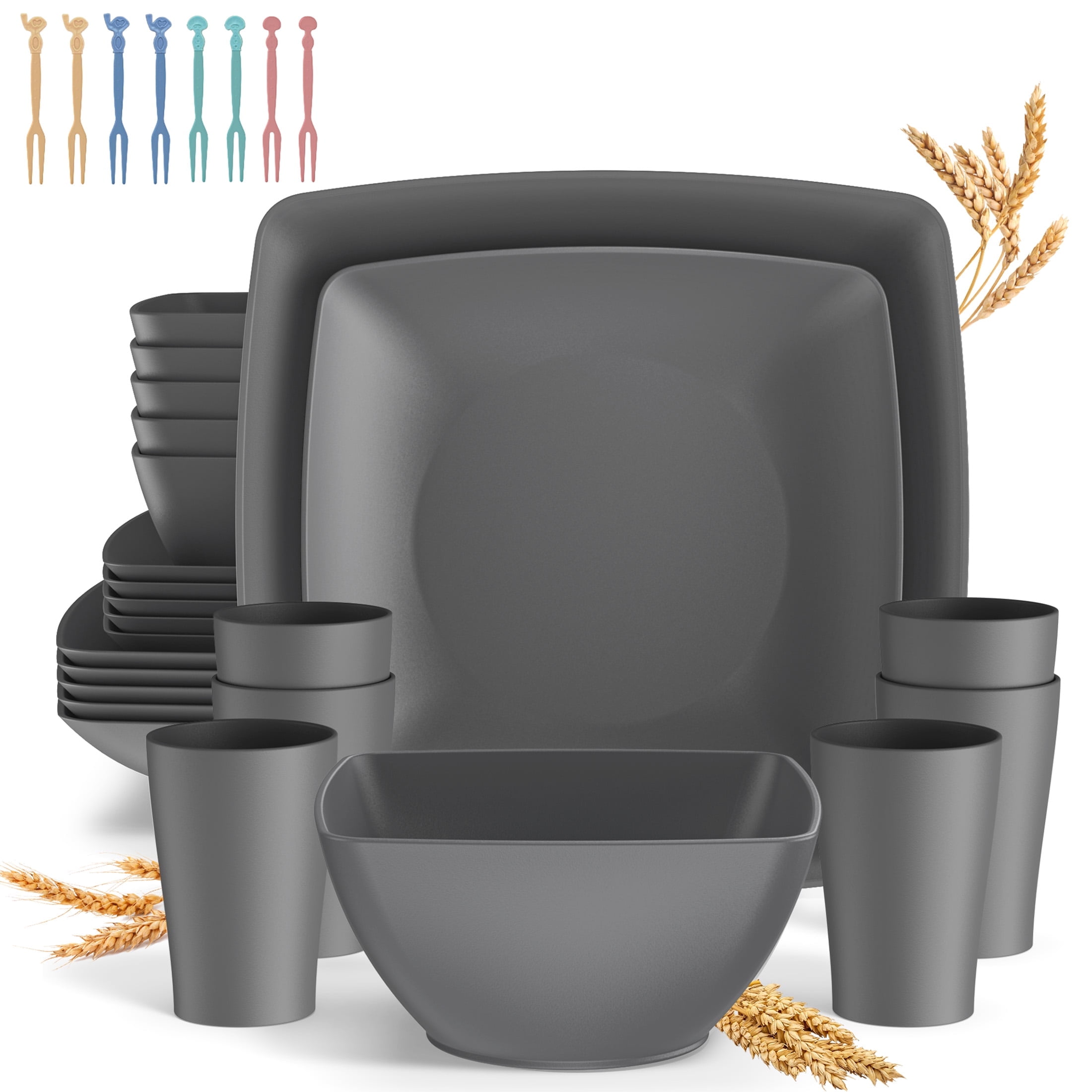 32 Pcs Wheat Straw Square Dinnerware Sets For 6, Unbreakable Dish Sets ...