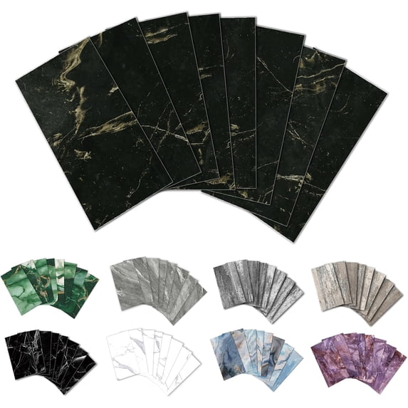 32- Peel and Backsplash Wall Tile, 4"" PVC Glossy Black Marble Subway ...
