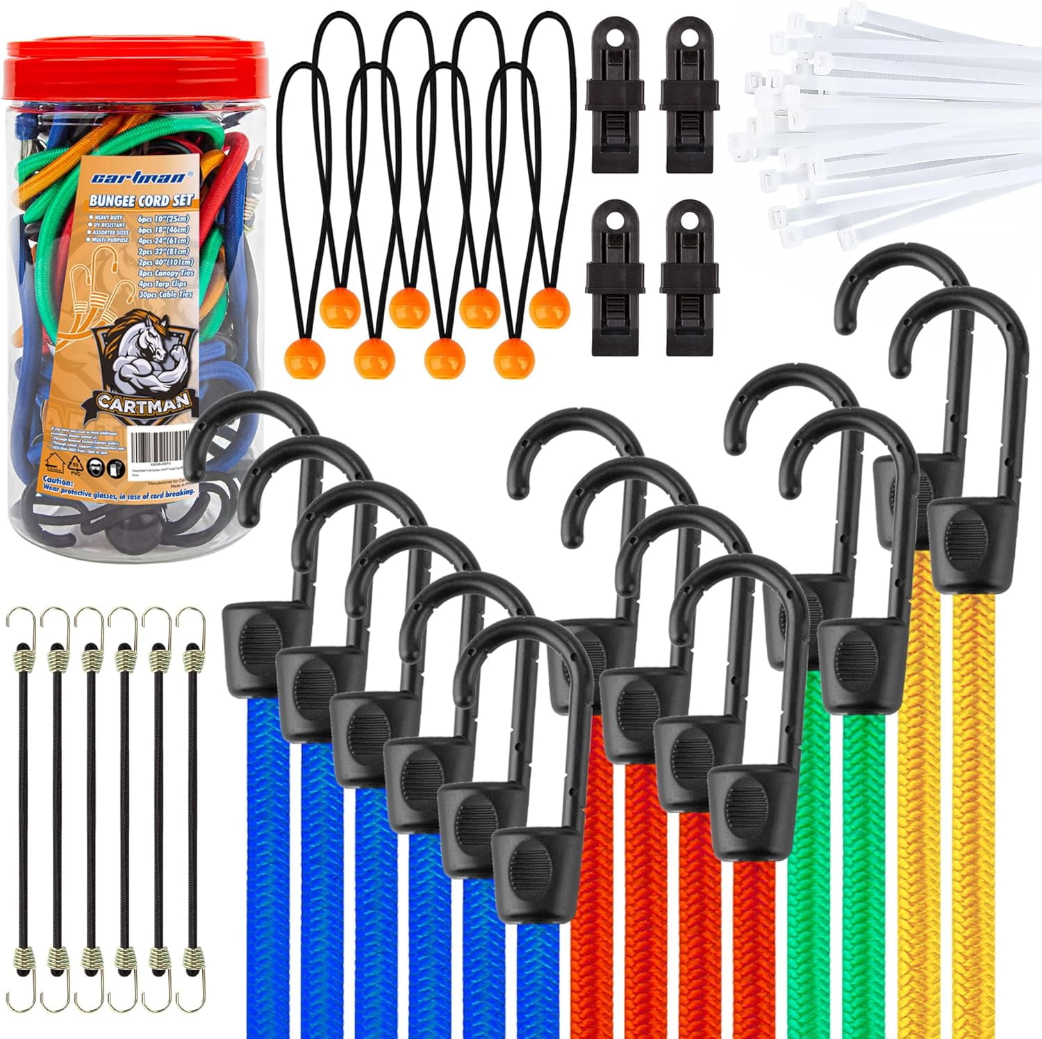 32 Piece Bungee Cords Assortment Jar Includes 10" 18" 24" 32" 40 ...