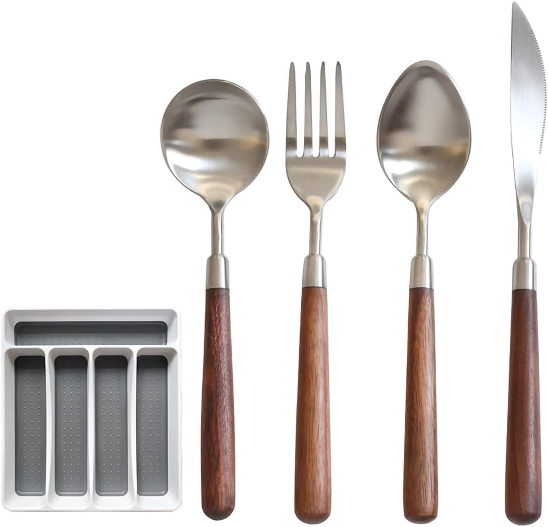32-Piece Elegant Walnut Wood Handle Silverware Set for 8 - Premium 304 ...