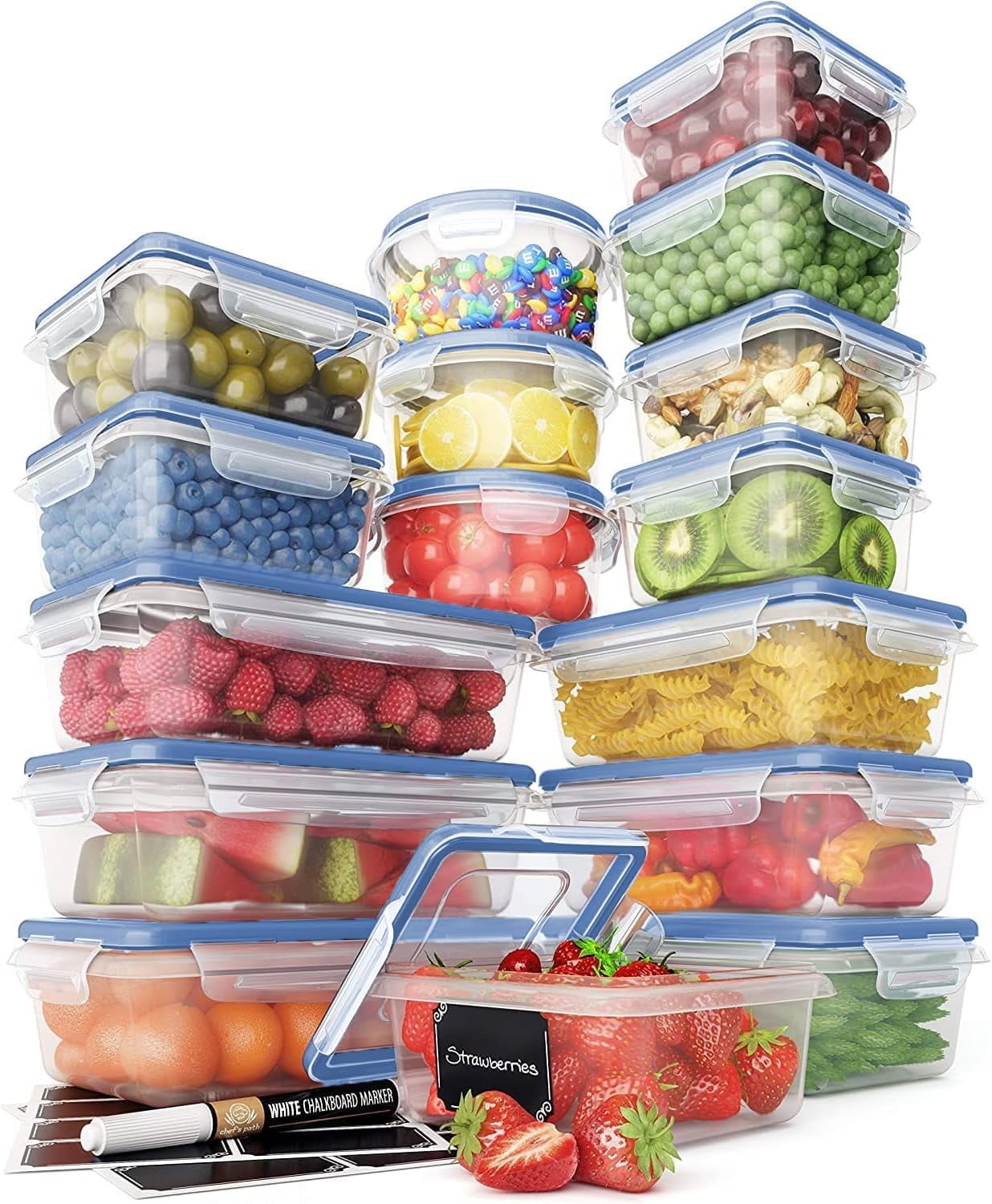 32 Piece Food Storage Containers Set with 16 Blue Easy Snap Lids + 16 ...