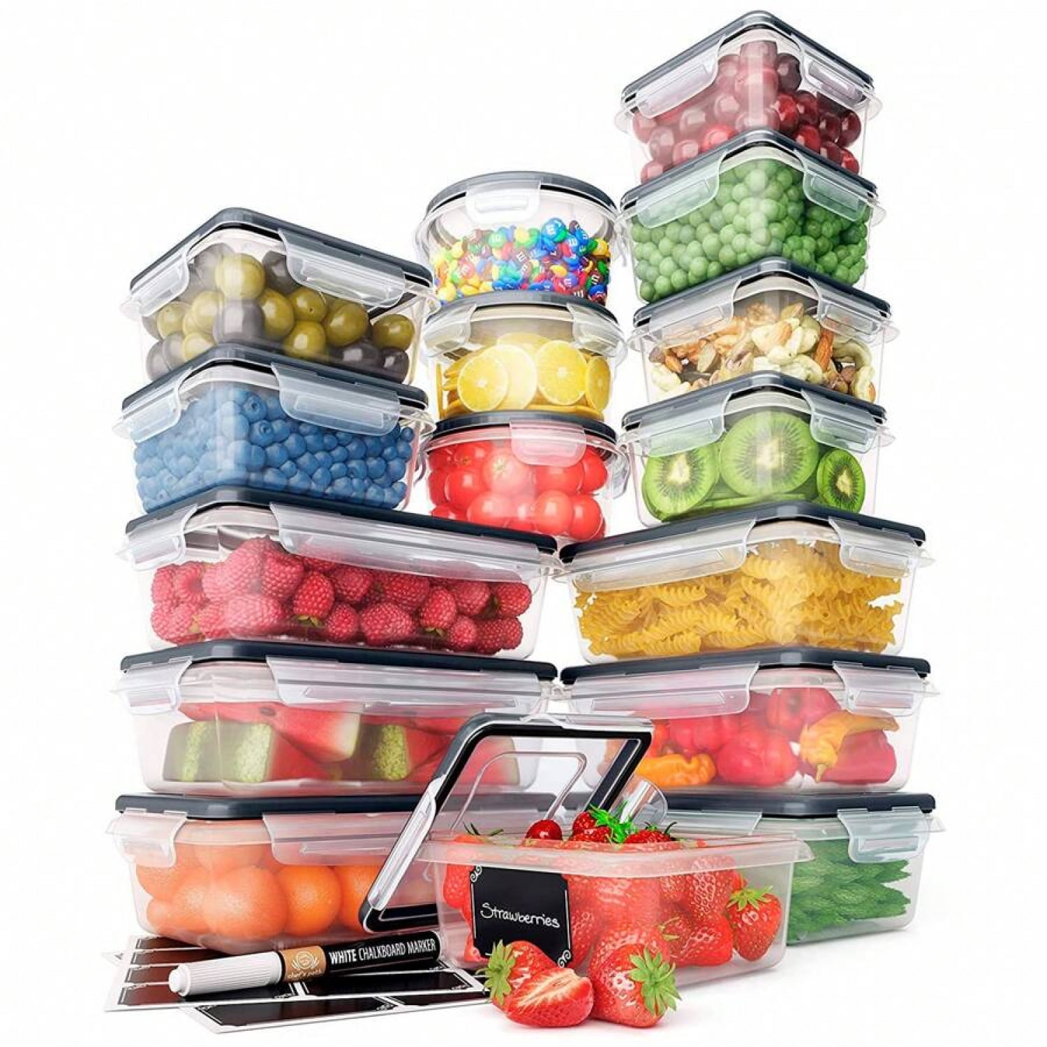 32 Piece Food Storage Containers Set with Easy Snap Lids (16 Lids + 16 Containers) with Free ...