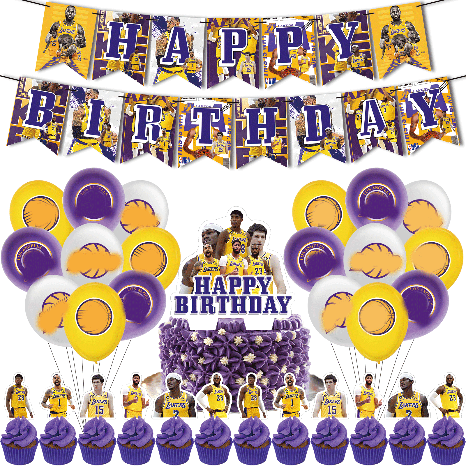 Lakers Cartoon Theme Birthday Party Decorations Set with Banner Cake ...
