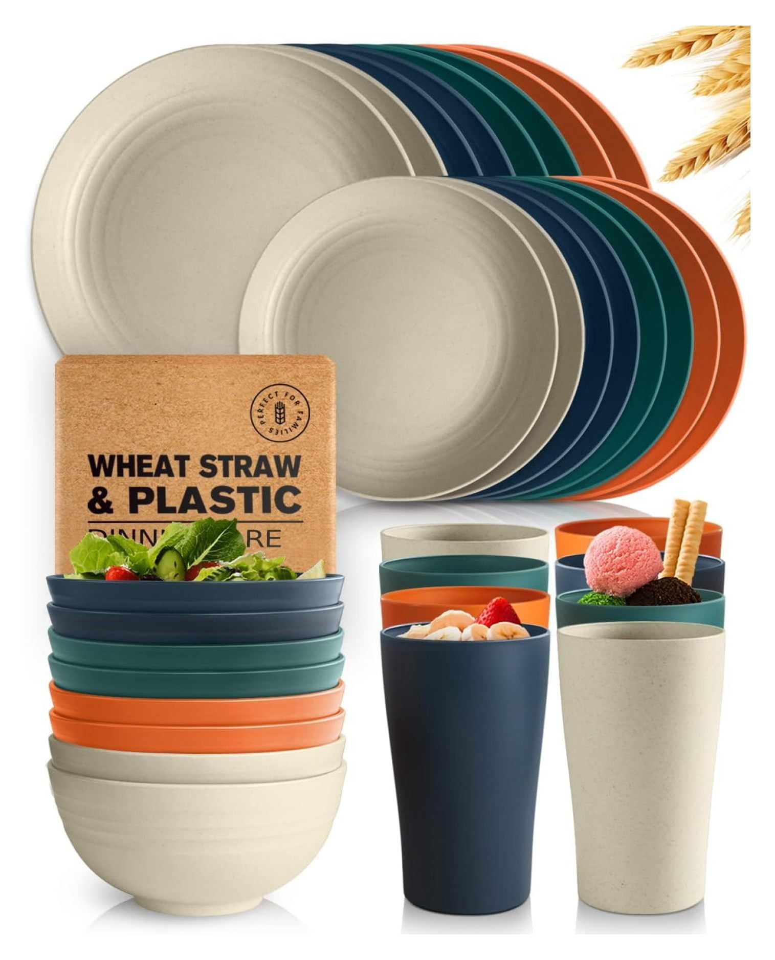 32-Piece Kitchen Plastic Wheat Straw Dinnerware Set, Service for 8 ...