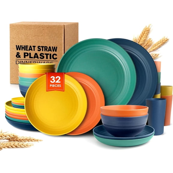 24-Piece Kitchen Plastic Wheat Straw Dinnerware Set, Service for 6 ...